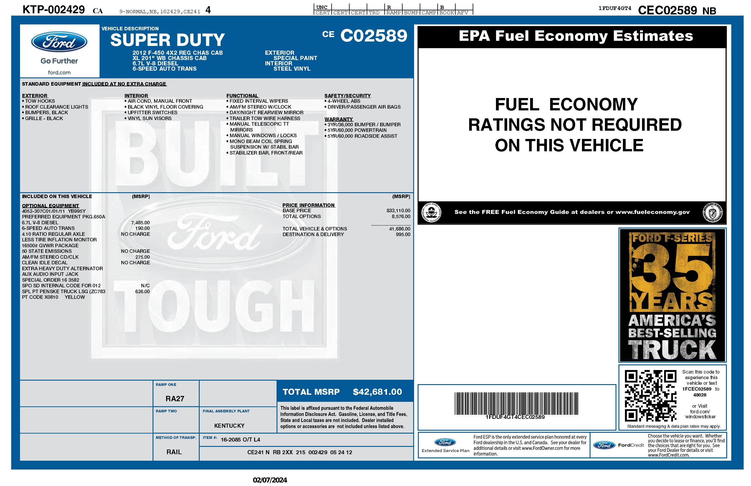 Window Sticker for 2012 Ford Super Duty F 450 Drw 2 Wd Reg Cab Wb Ca