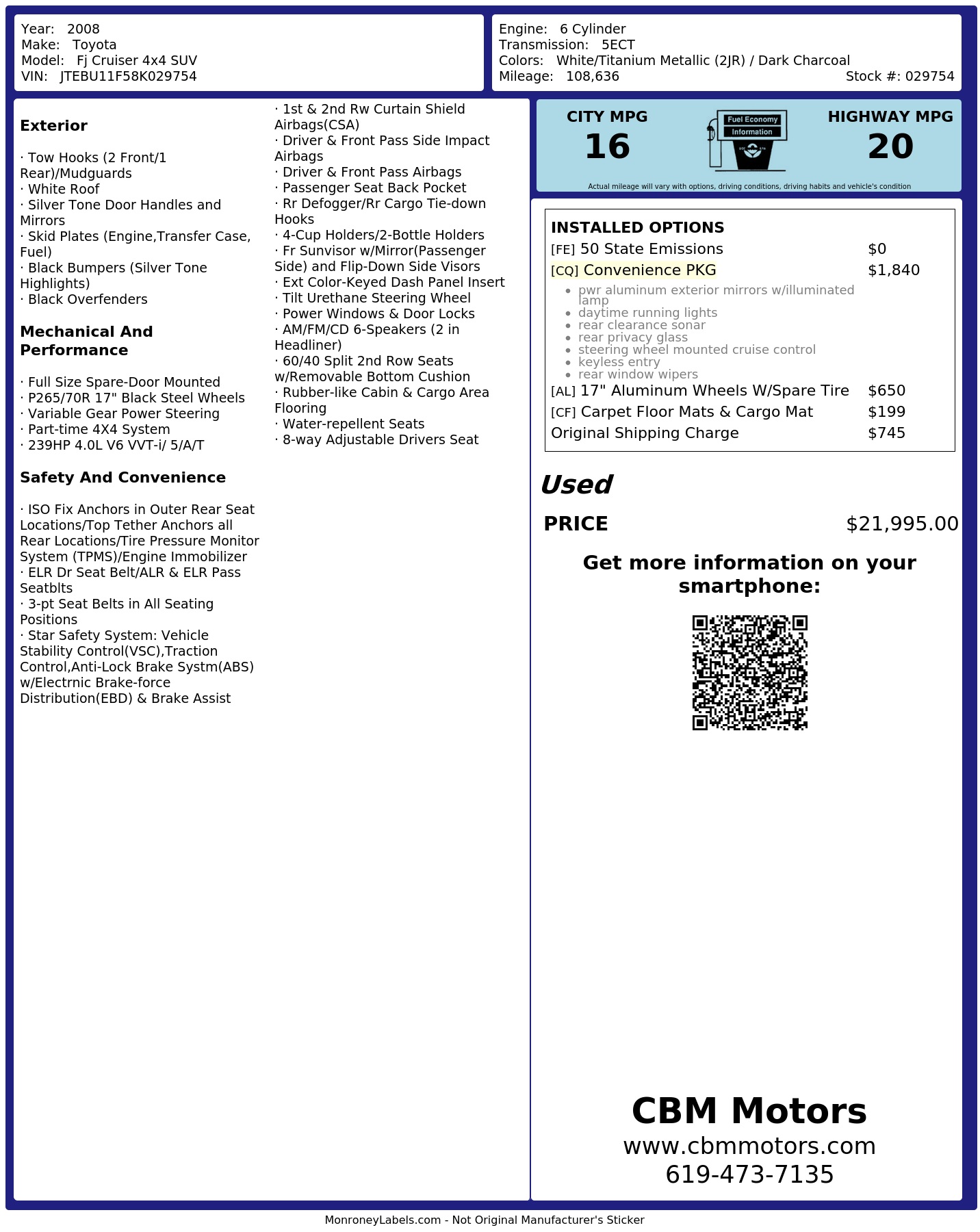 Window Sticker for 2008 Toyota Fj Cruiser 4x4 Suv