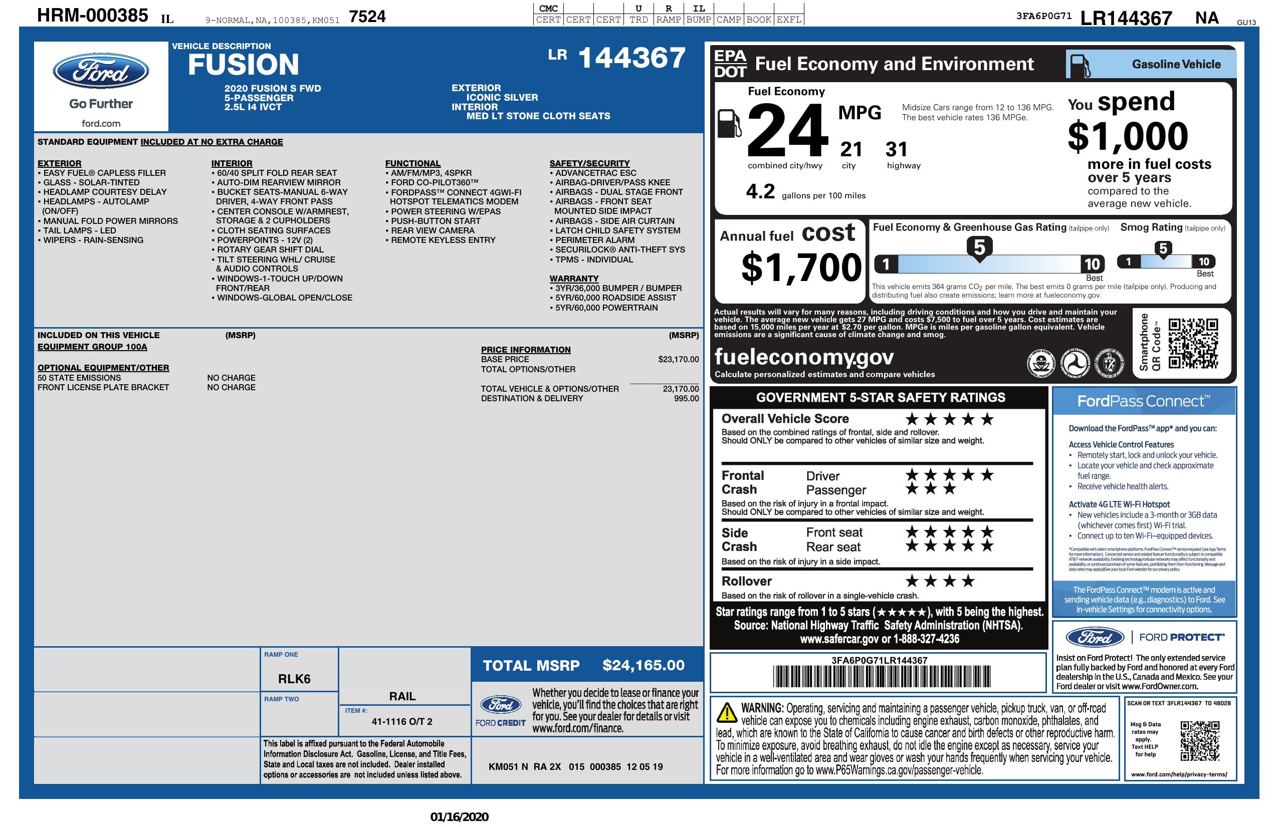 Window Sticker for 2020 Ford Fusion S Fwd