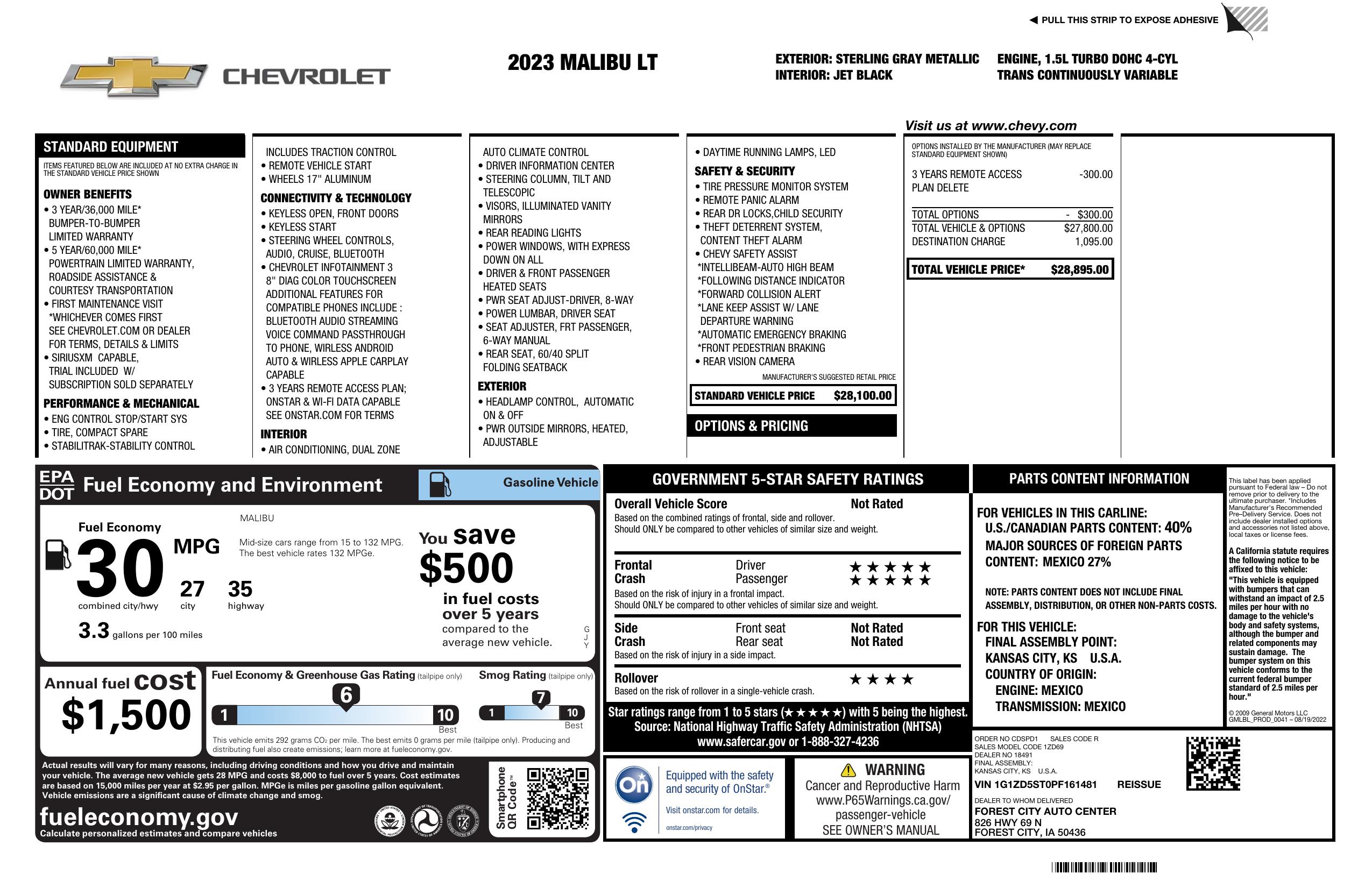 Window Sticker for 2023 Chevrolet Malibu 4dr Sdn 1 Lt