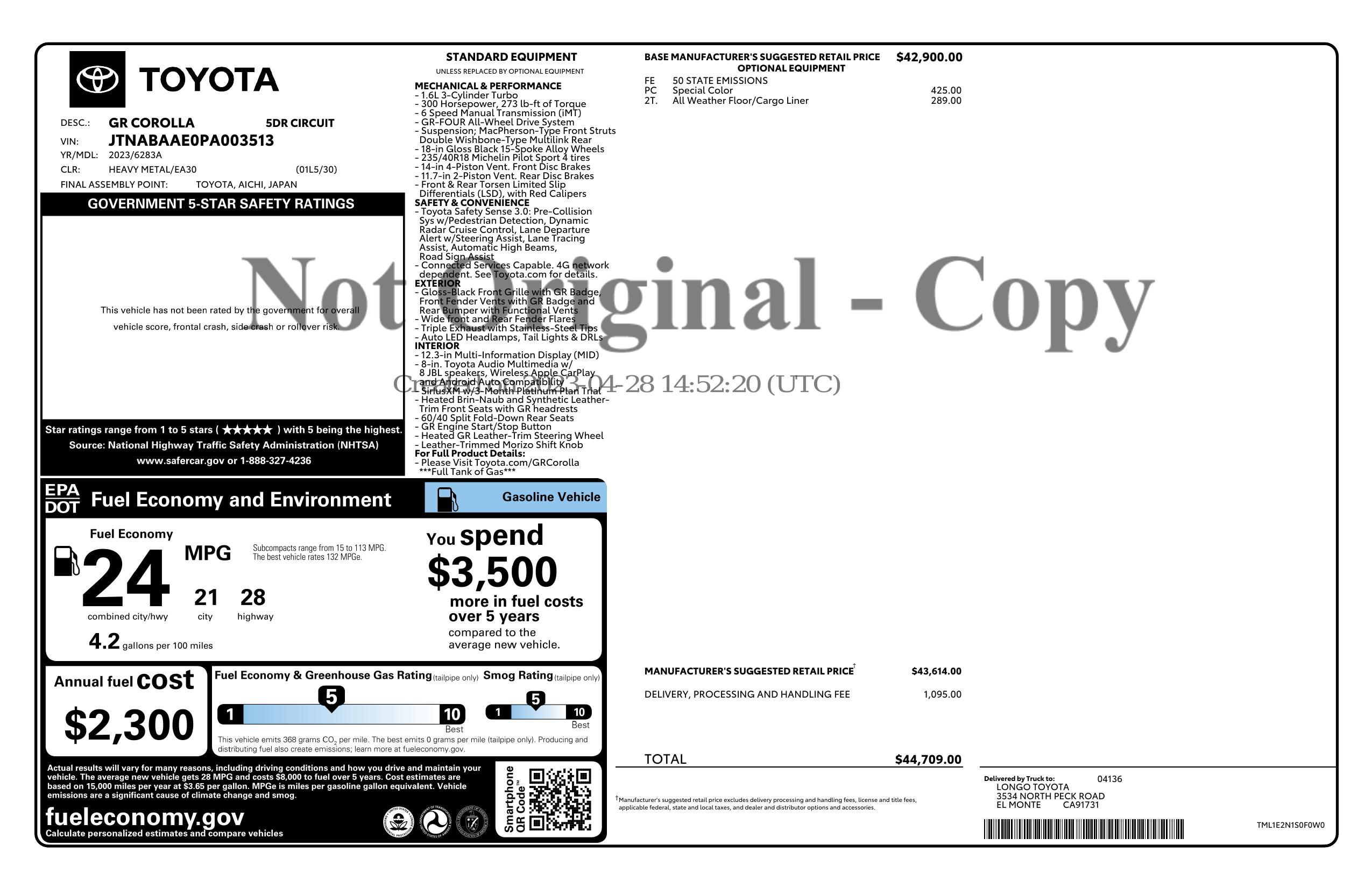 Window Sticker for 2023 Toyota Gr Corolla Manual (Natl)