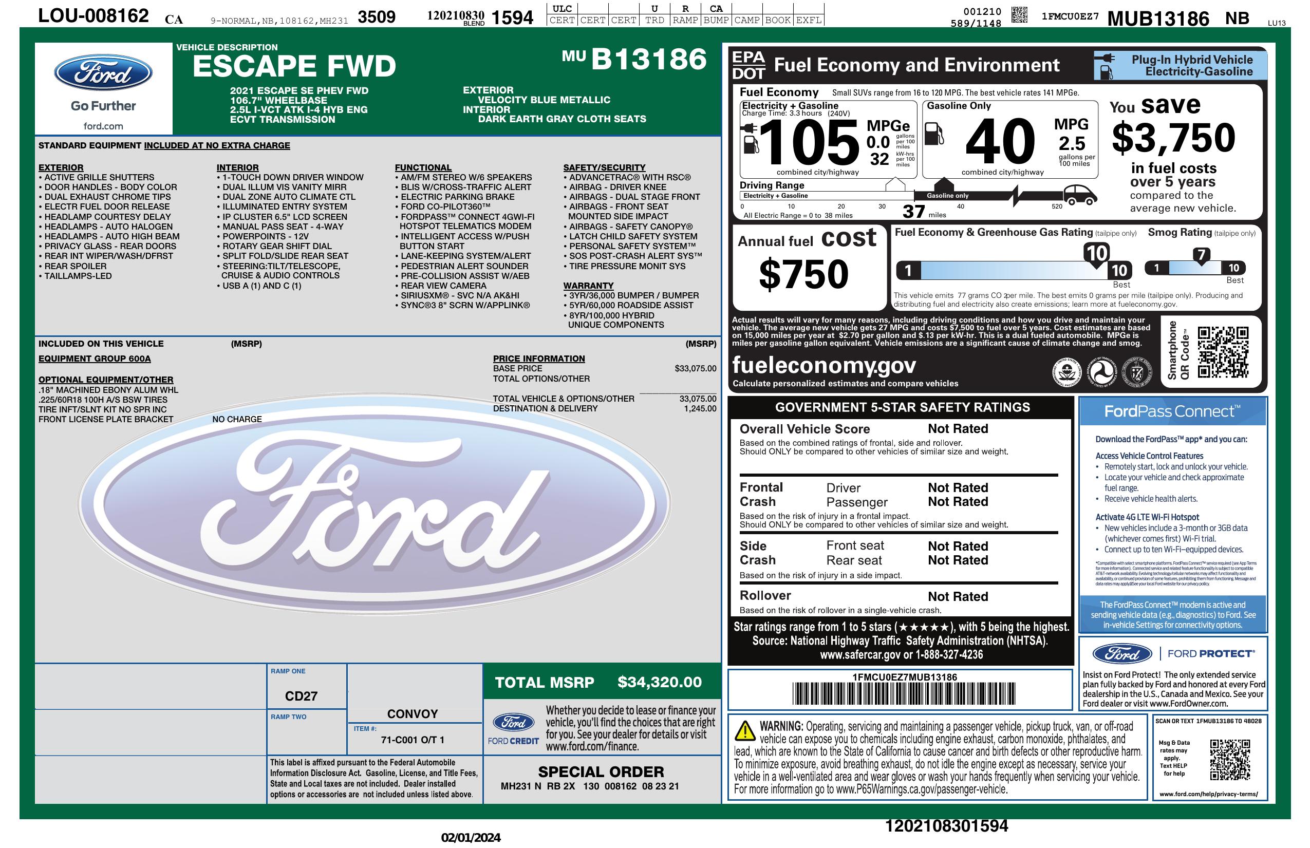 Window Sticker for 2021 Ford Escape Se Plug In Hybrid Fwd