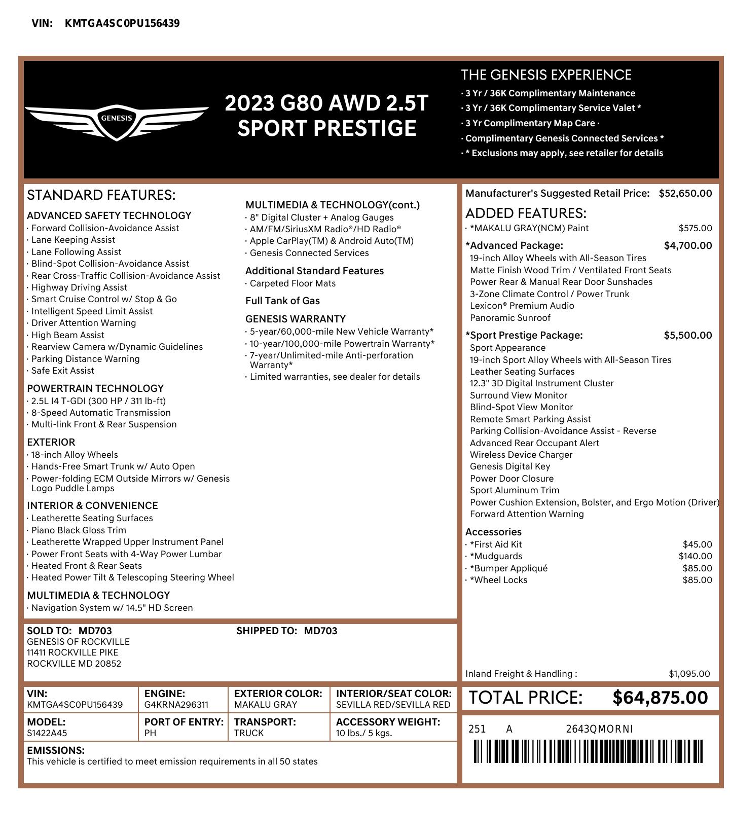 Window Sticker for 2023 Genesis G80 2.5 T Awd