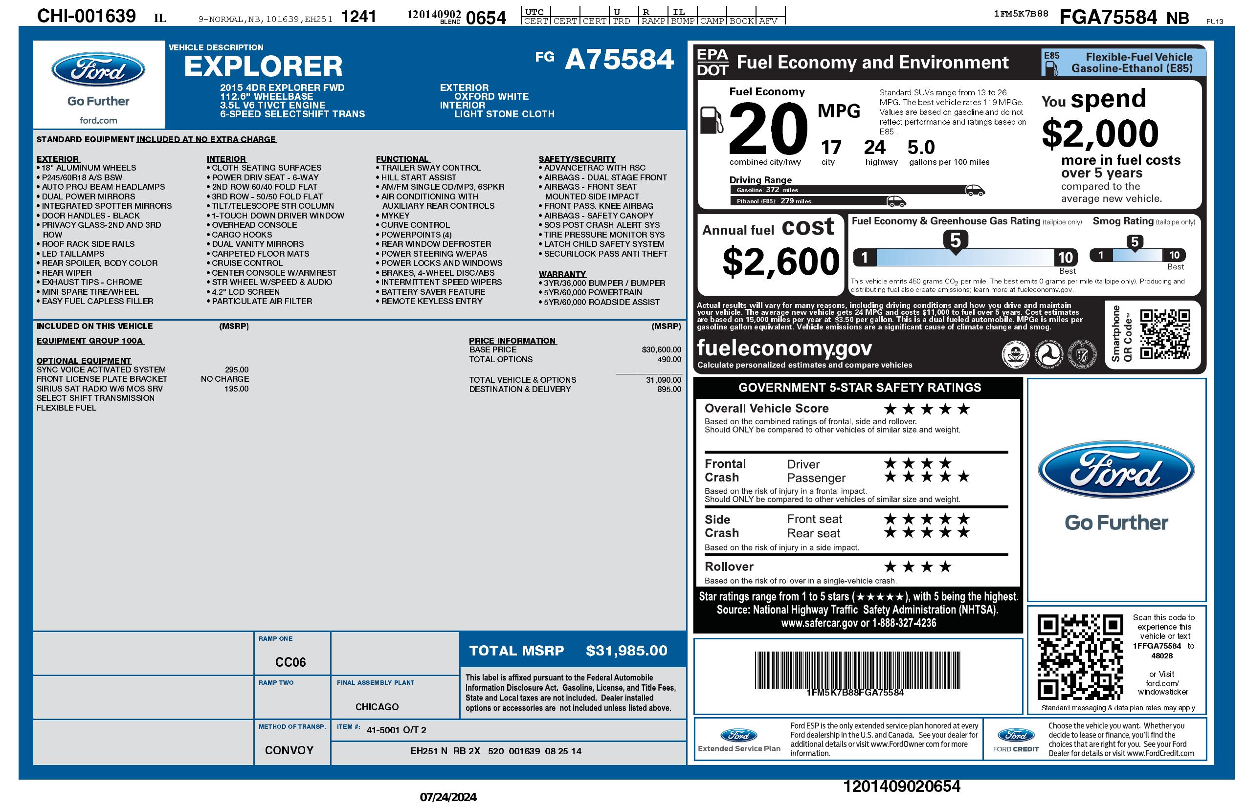 Window Sticker for 2015 Ford Explorer Fwd 4dr Base