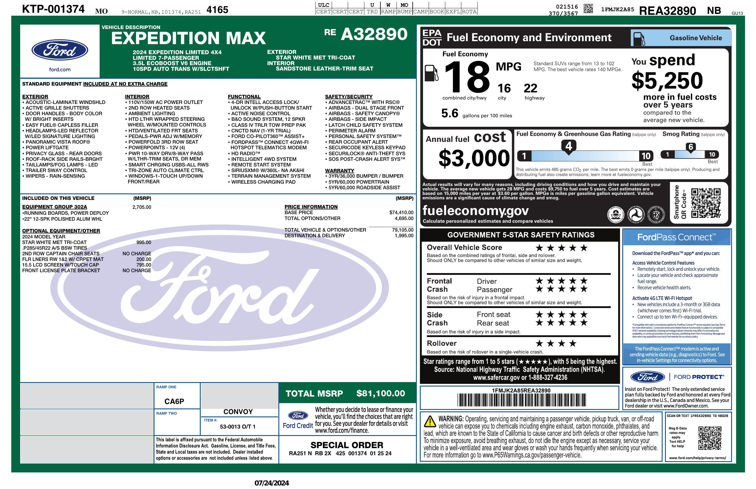 Window Sticker for 2024 Ford Expedition Max Limited 4x4