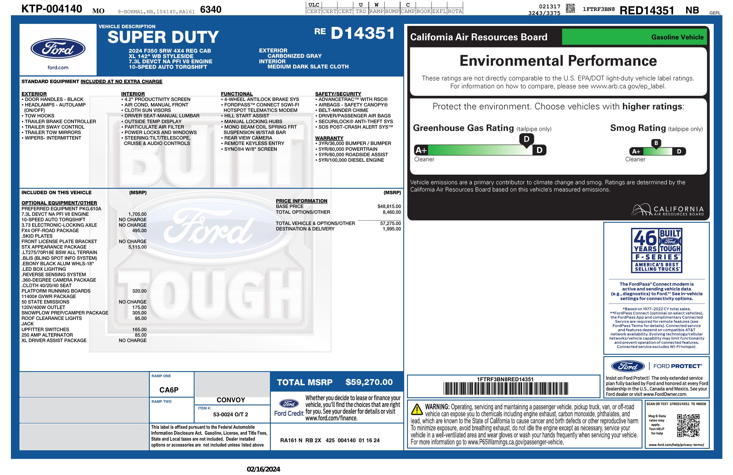 Window Sticker for 2024 Ford Super Duty F 350 Srw 4 Wd Reg Cab 8' Box