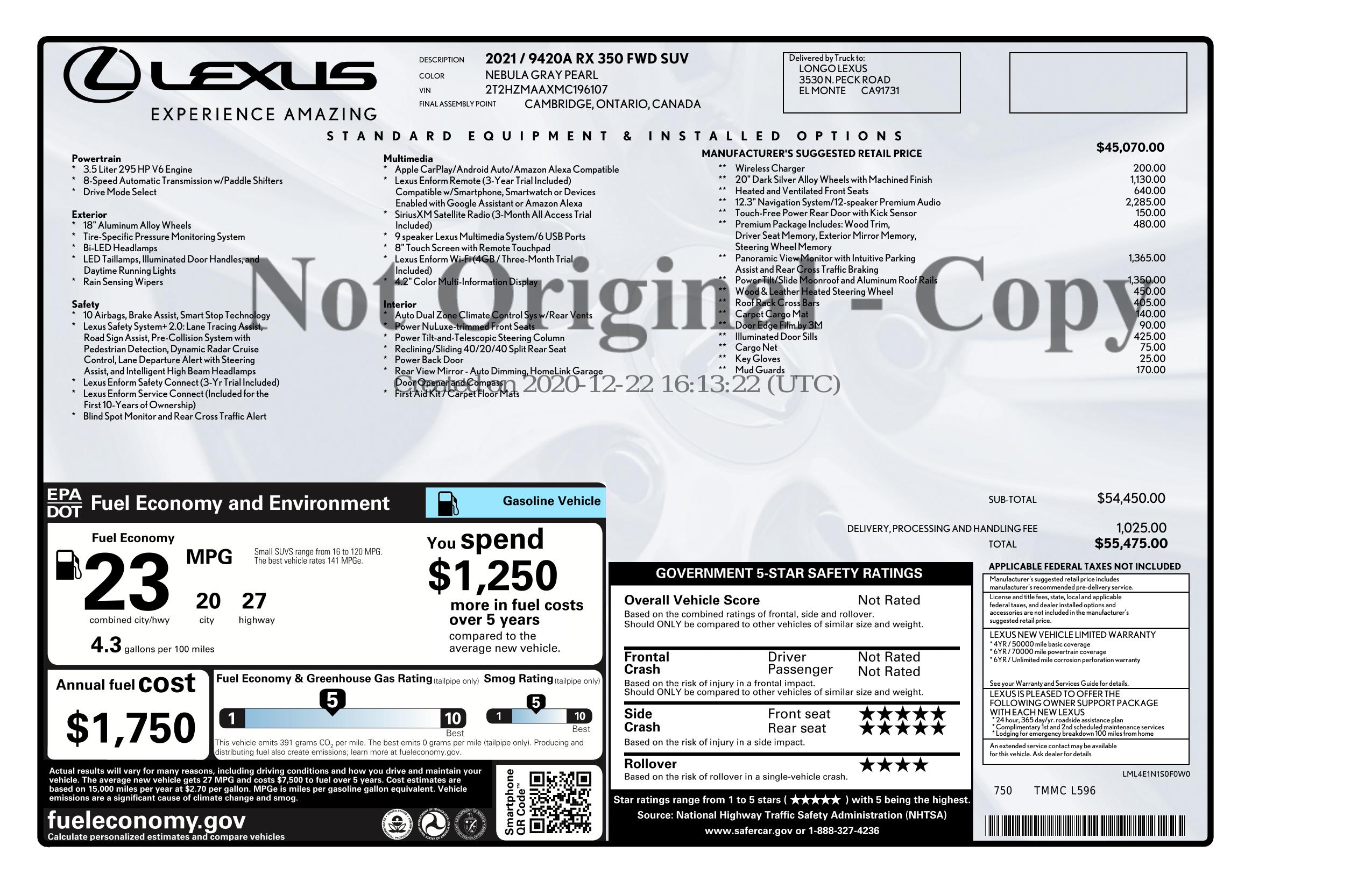 Window Sticker for 2021 Lexus Rx Rx 350 Fwd