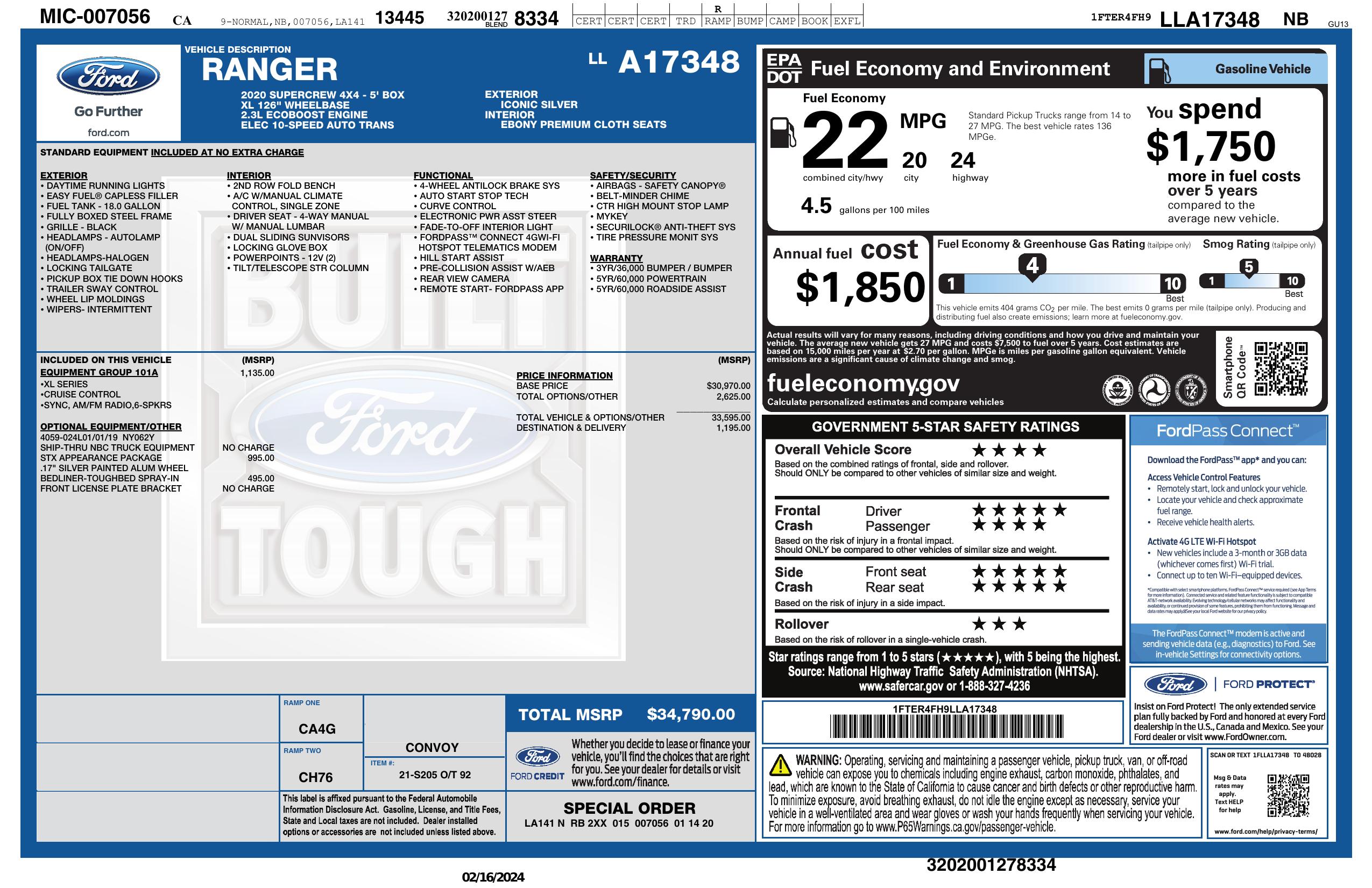 Window Sticker for 2020 Ford Ranger 4 Wd Super Crew 5' Box