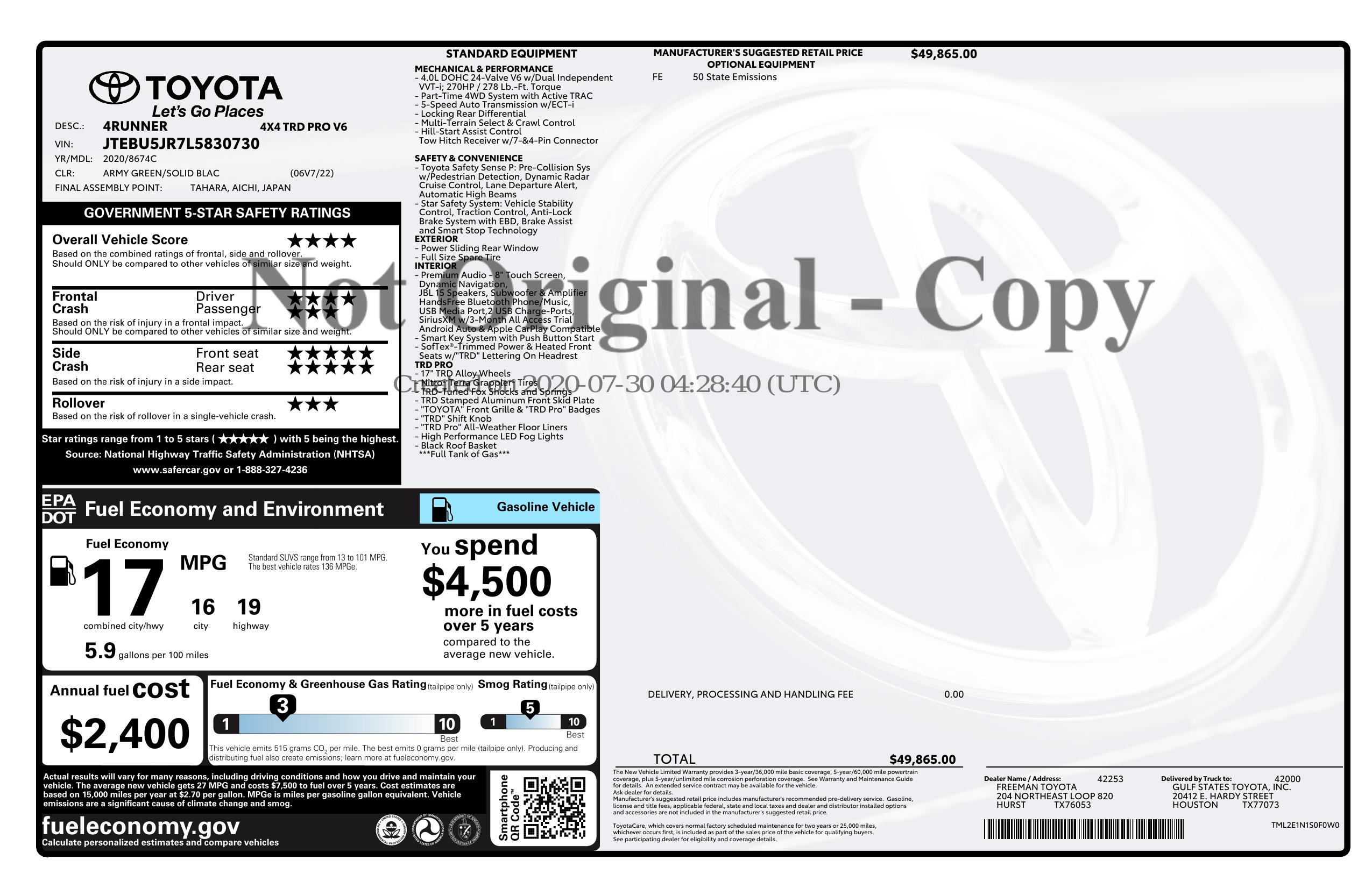 Window Sticker for 2020 Toyota 4 Runner 4 Wd (Natl)