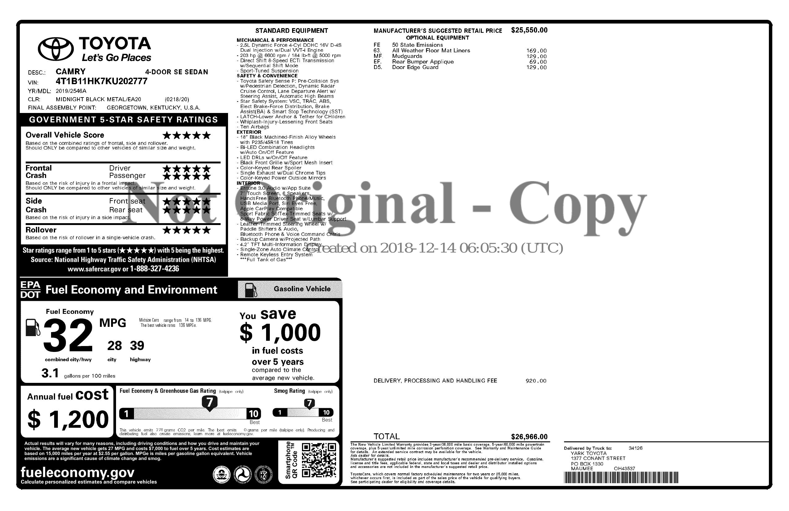 Window Sticker for 2019 Toyota Camry Auto (Natl)