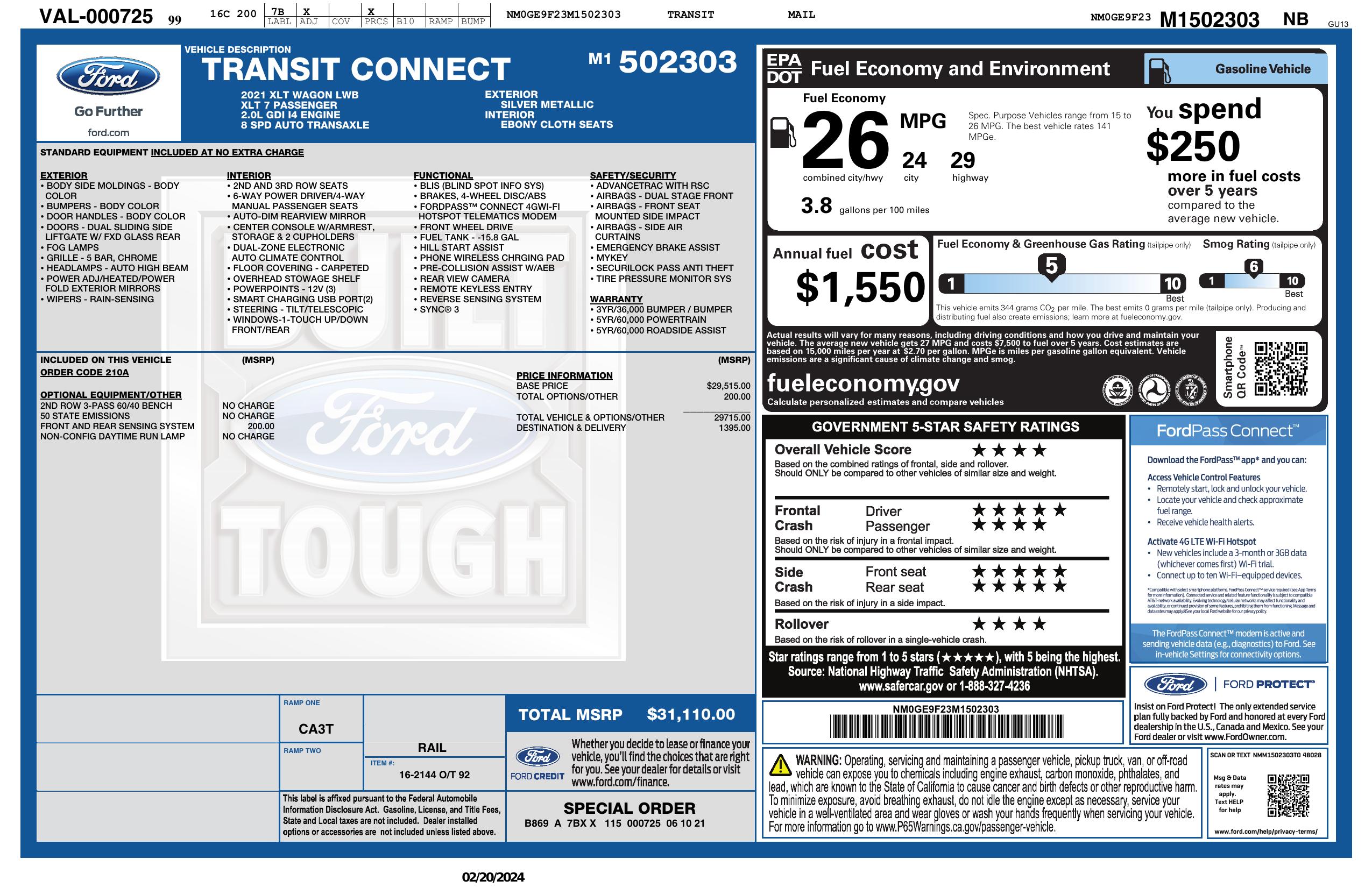 Window Sticker for 2021 Ford Transit Connect Wagon Xlt Lwb W/Rear Liftgate