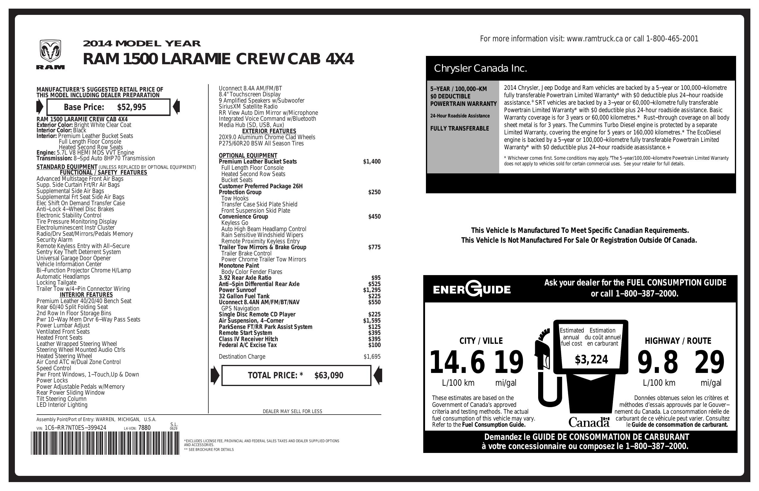 Window Sticker for 2014 Ram 1500 4 Wd Crew Cab 140.5" Laramie