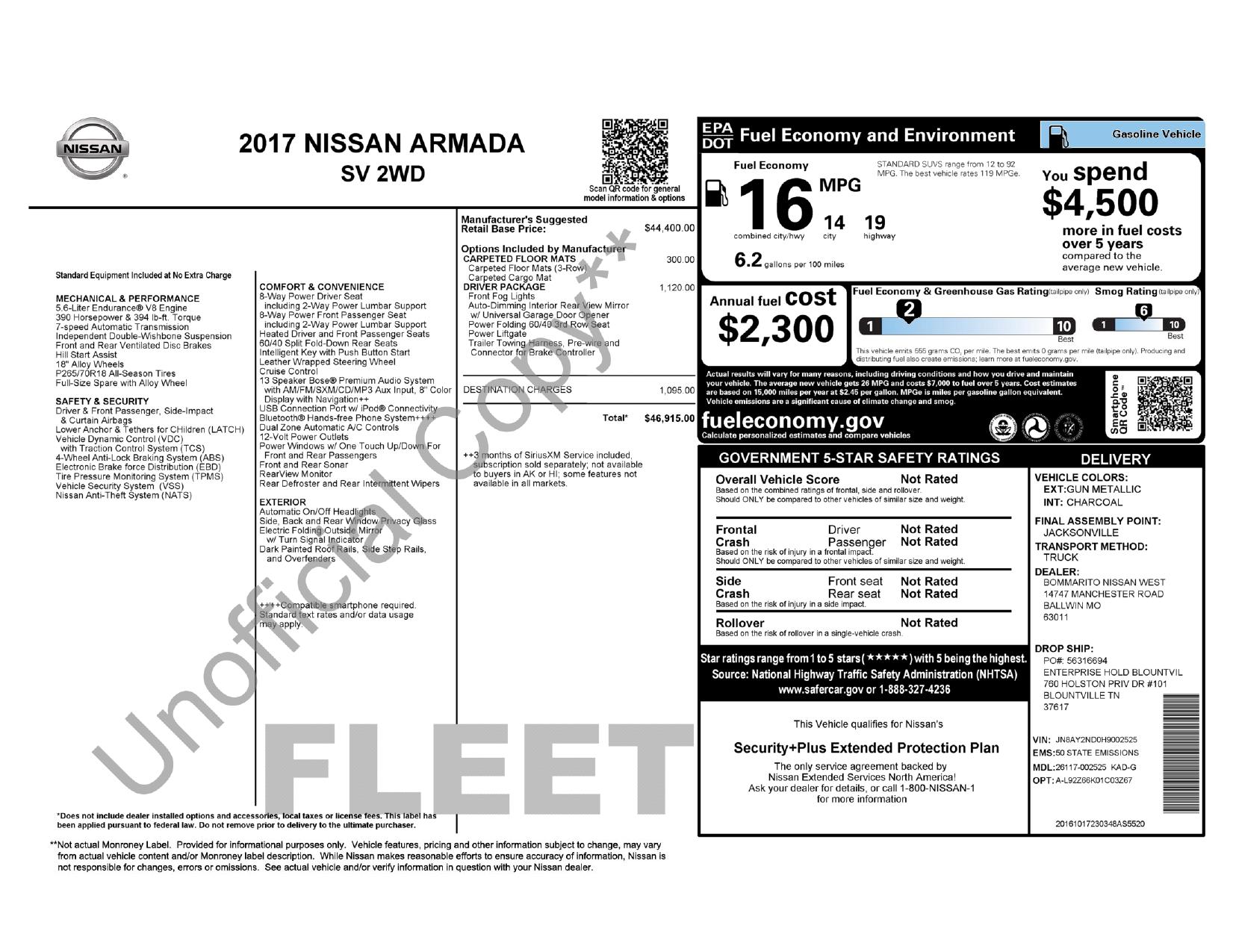 Window Sticker for 2017 Nissan Armada 4x2 Sv