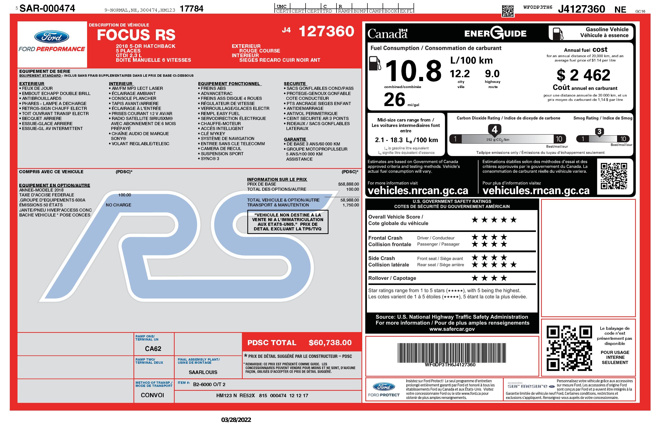 Window Sticker for 2018 Ford Focus Rs Hatch