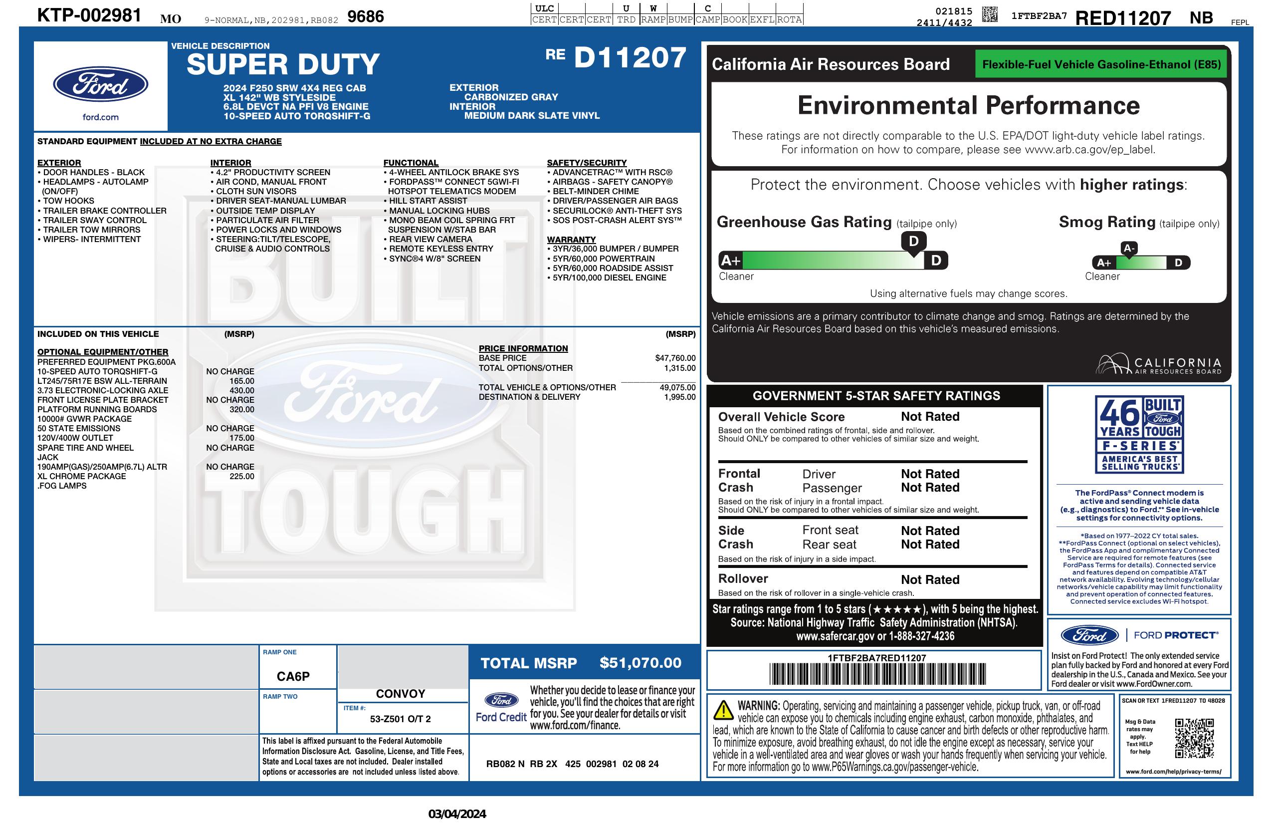Window Sticker for 2024 Ford Super Duty F 250 Srw Xl 4 Wd Reg Cab 8' Box