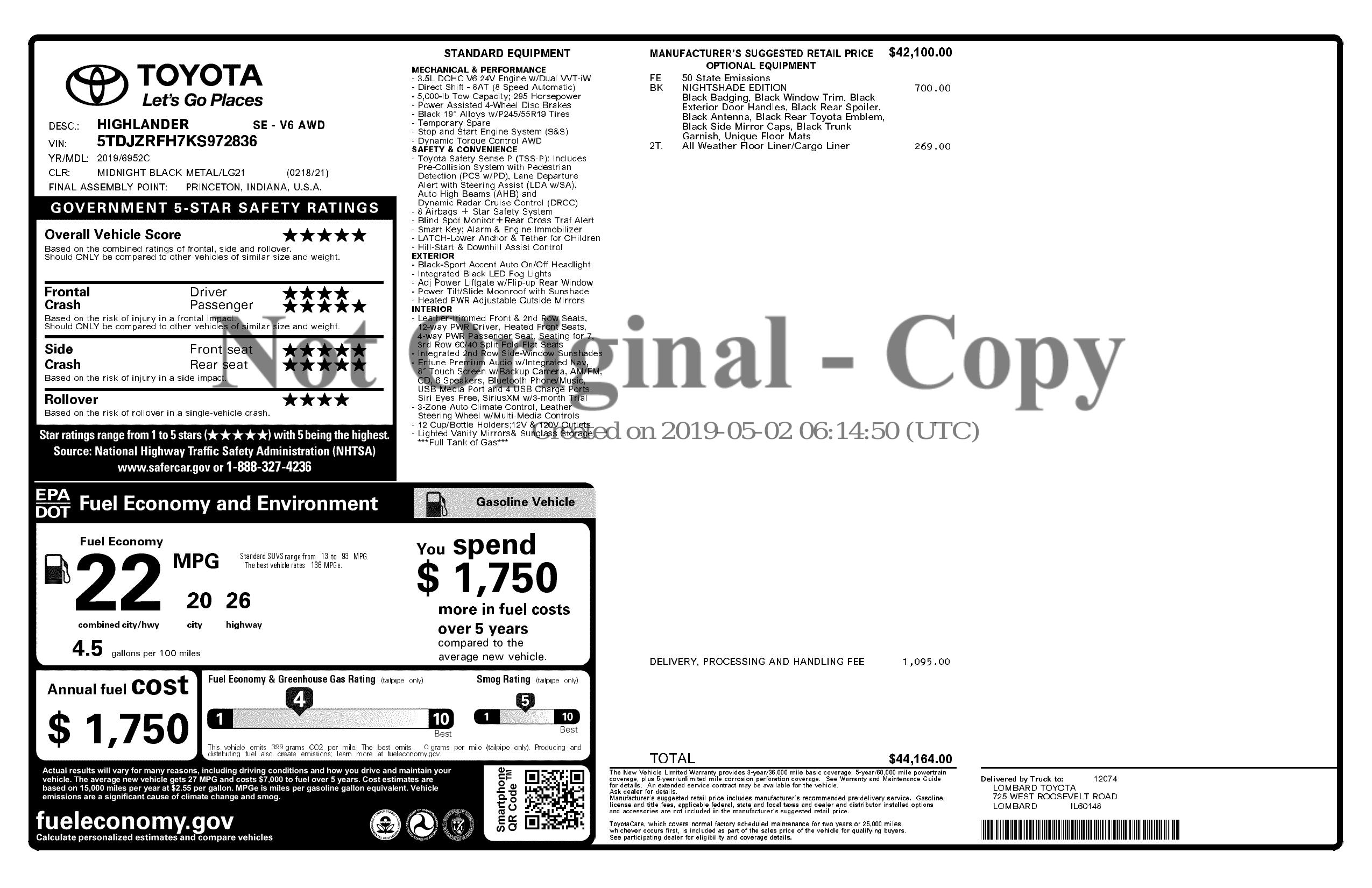Window Sticker for 2019 Toyota Highlander V6 Awd (Natl)