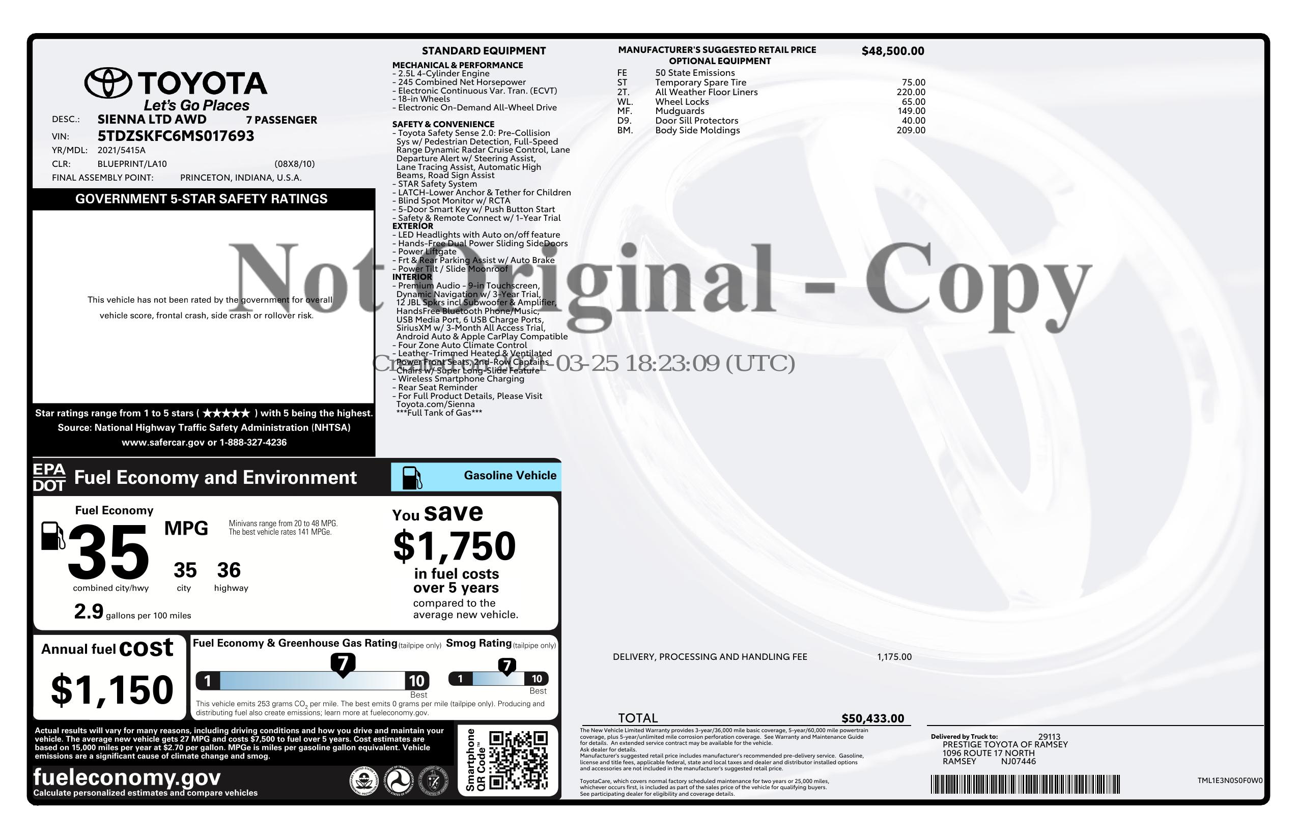 Window Sticker for 2021 Toyota Sienna Awd 7 Passenger (Natl)