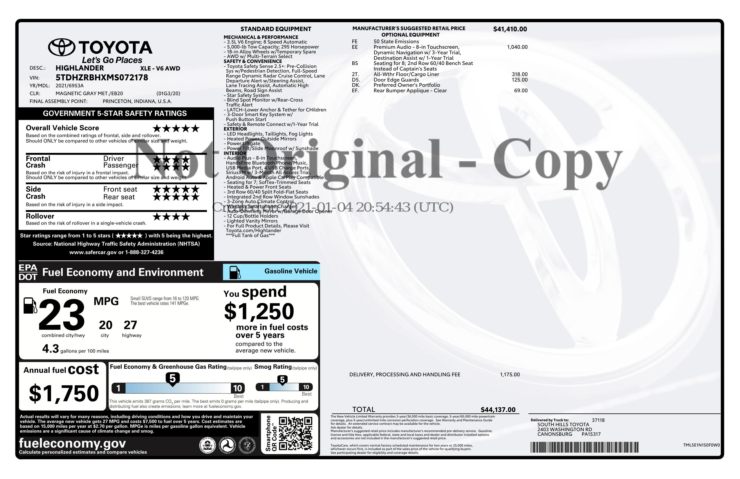 Window Sticker for 2021 Toyota Highlander Xle Awd (Natl)