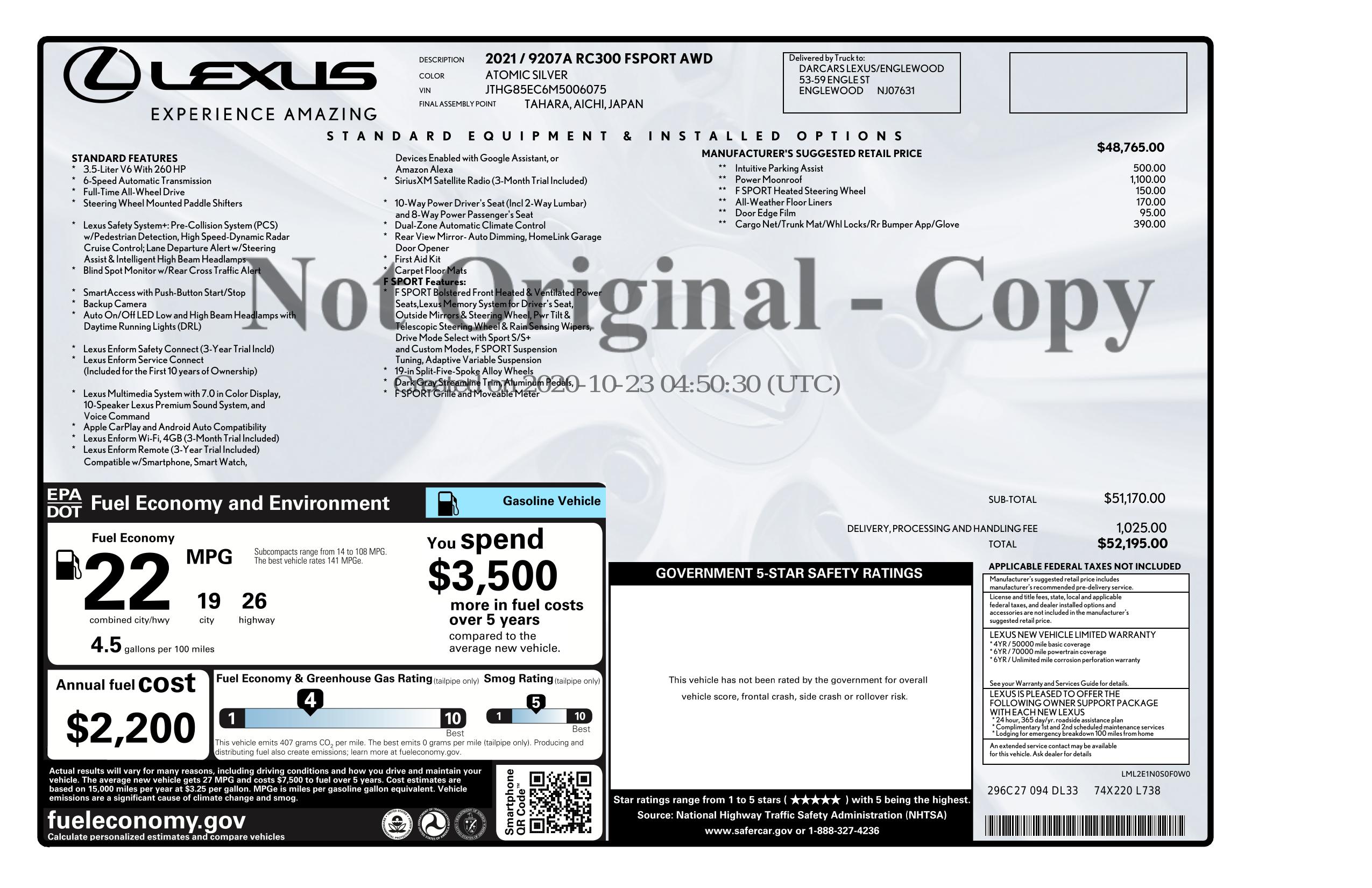 Window Sticker for 2021 Lexus Rc Rc 300 F Sport Awd