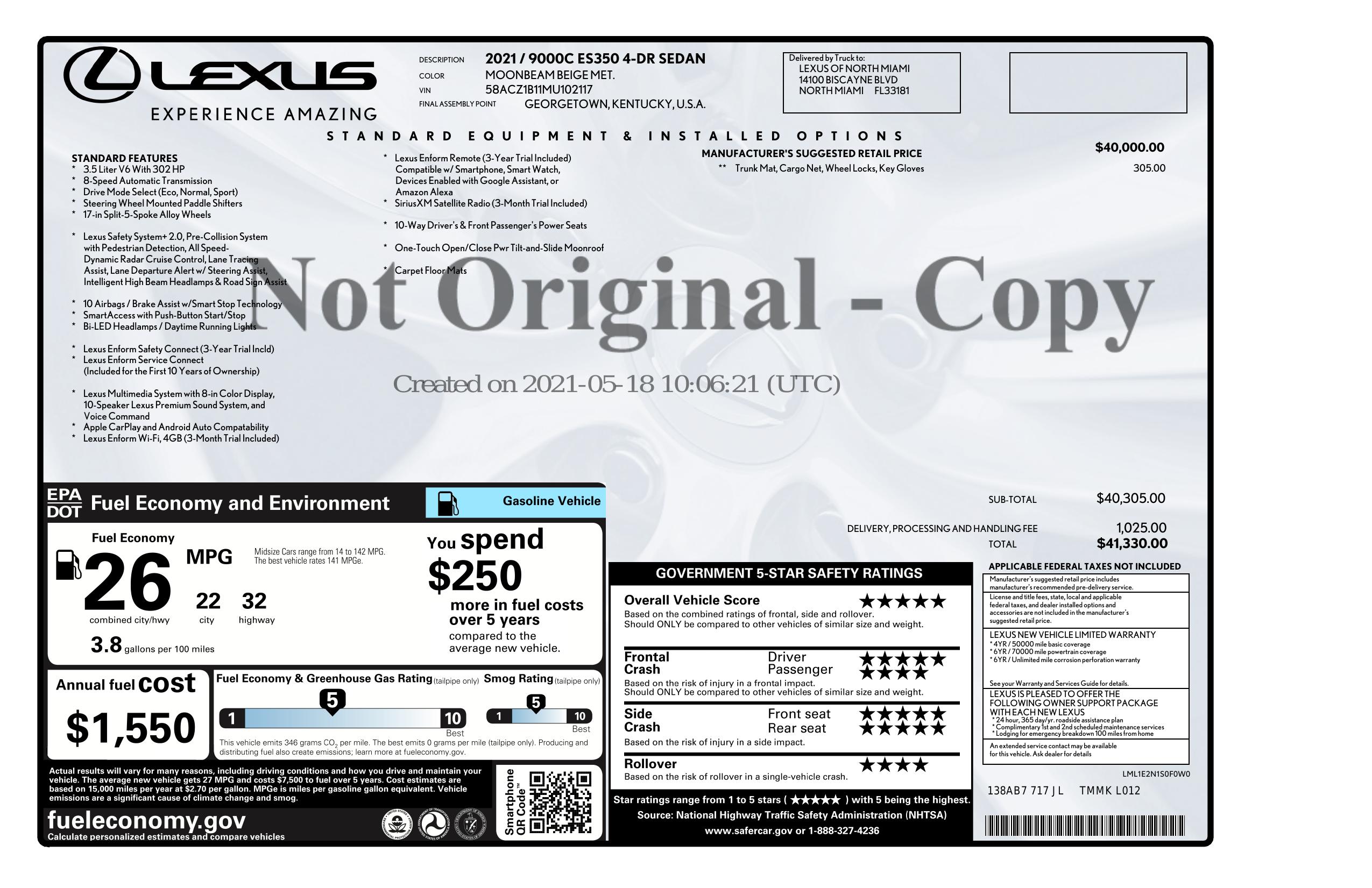 Window Sticker for 2021 Lexus Es Es 350 Fwd