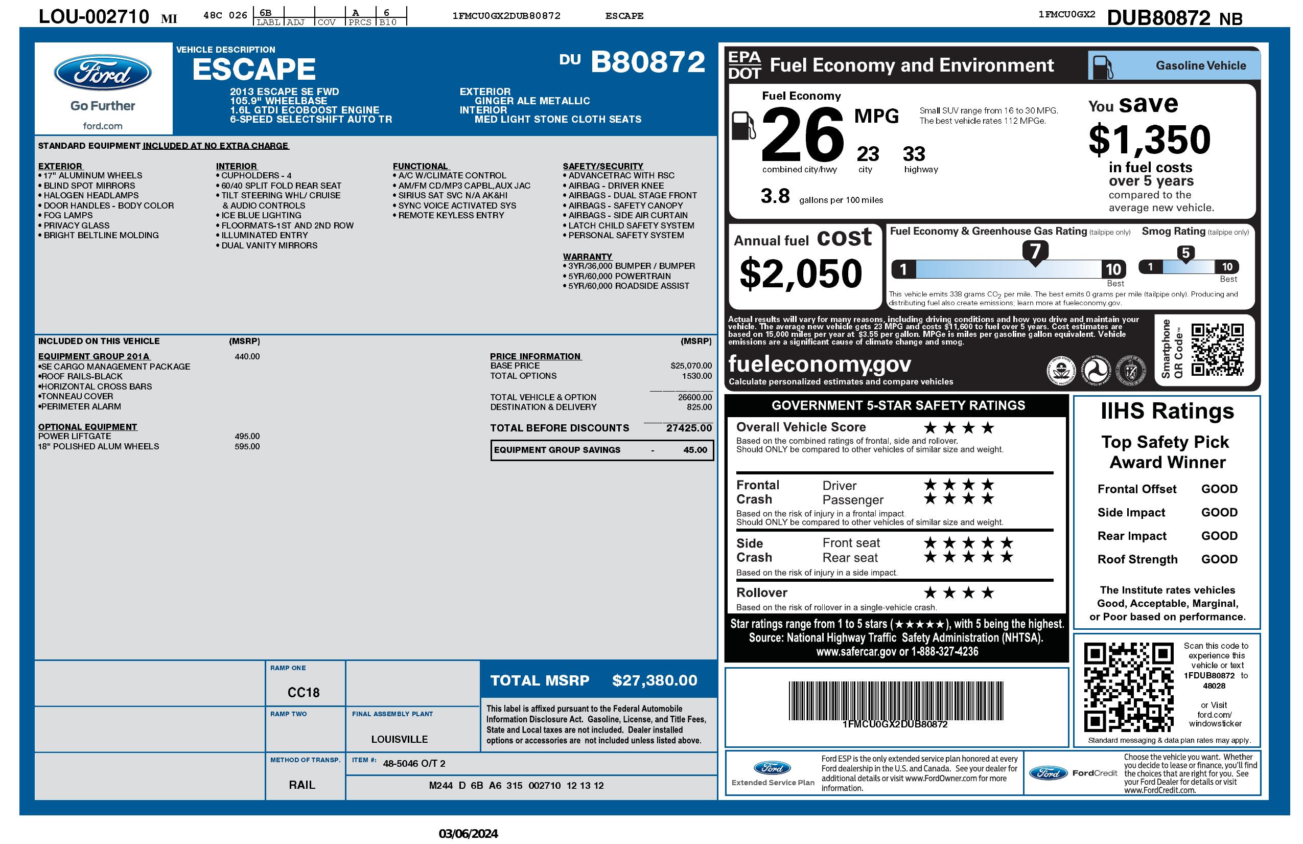 Window Sticker for 2013 Ford Escape Fwd 4dr Se