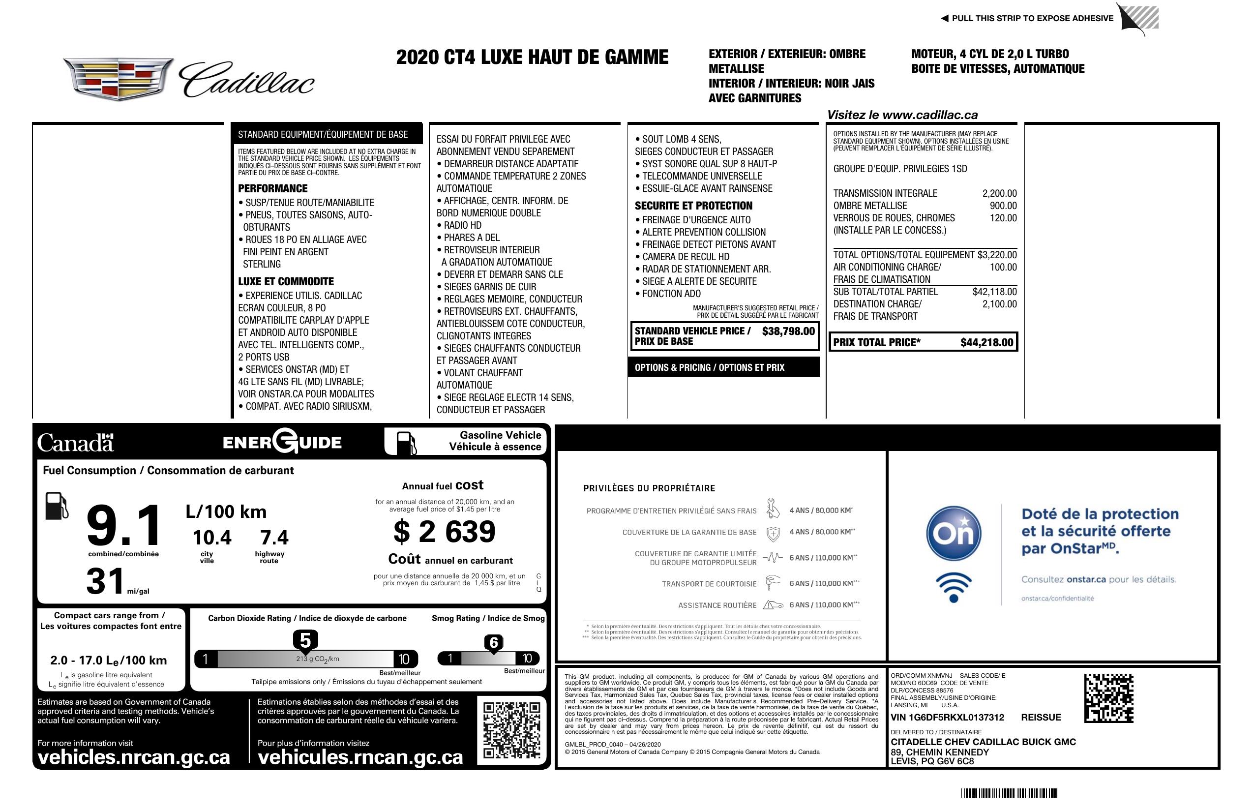 Window Sticker for 2020 Cadillac Ct4 4dr Sdn Premium Luxury