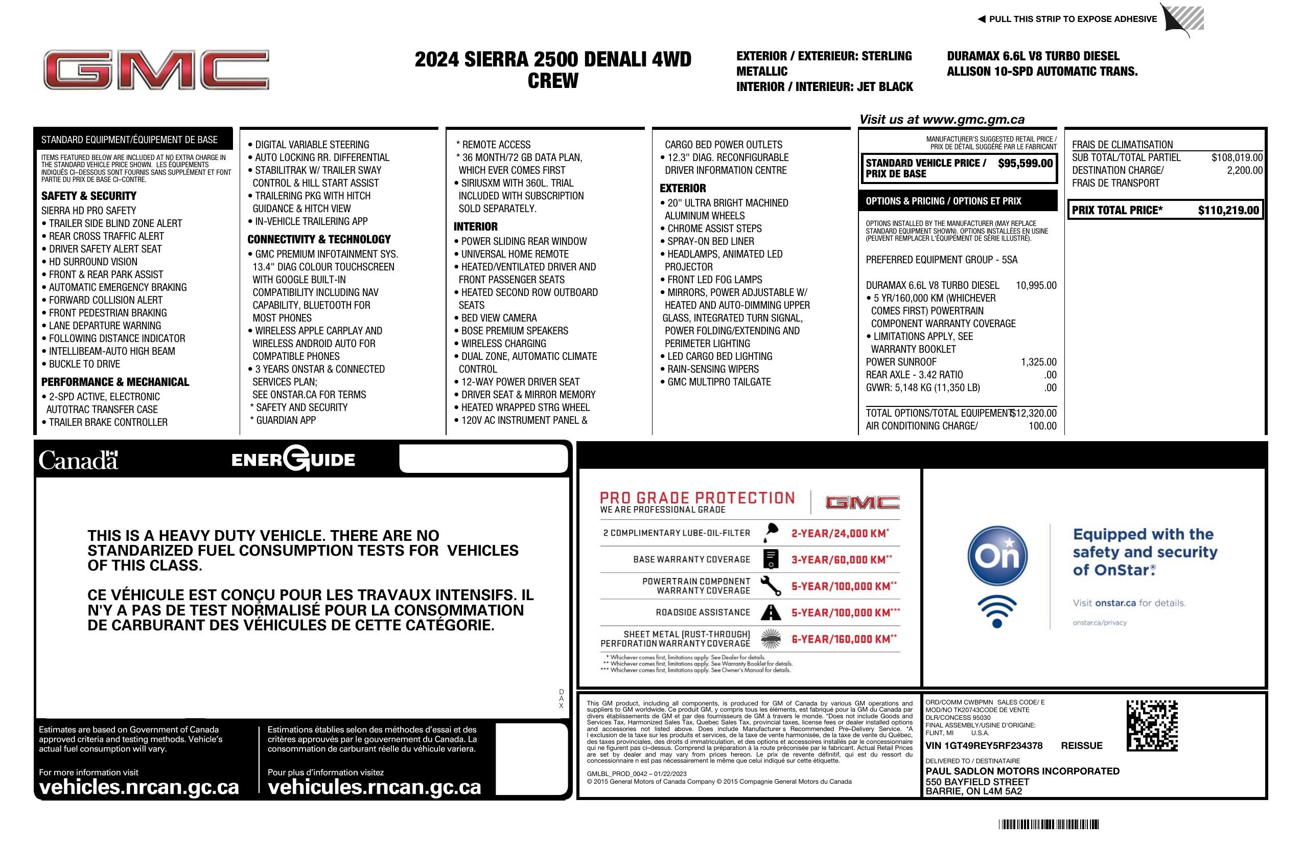 Window Sticker for 2024 GMC Sierra 2500 Hd 4 Wd Crew Cab Denali