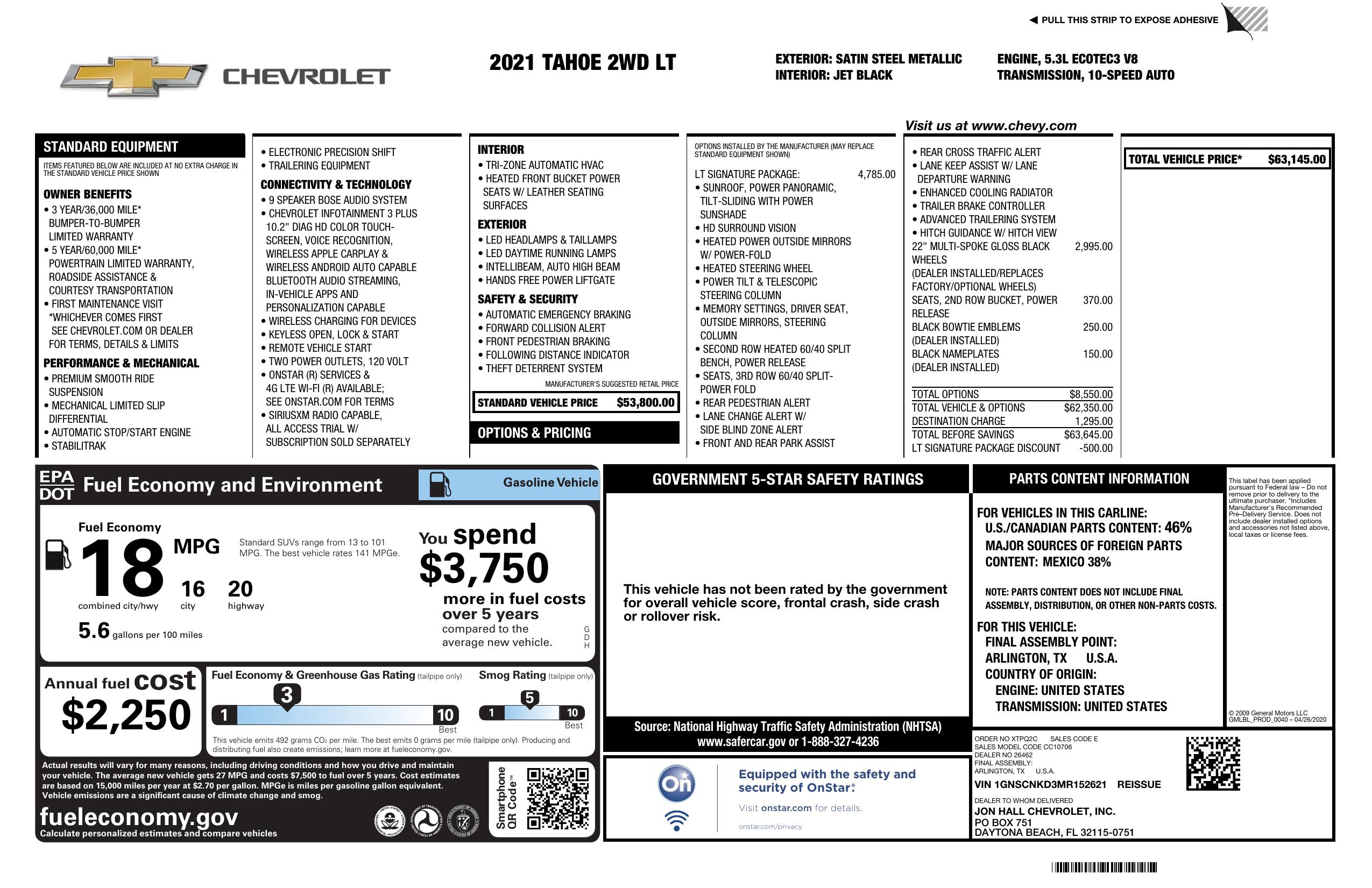Window Sticker for 2021 Chevrolet Tahoe 2 Wd 4dr Lt