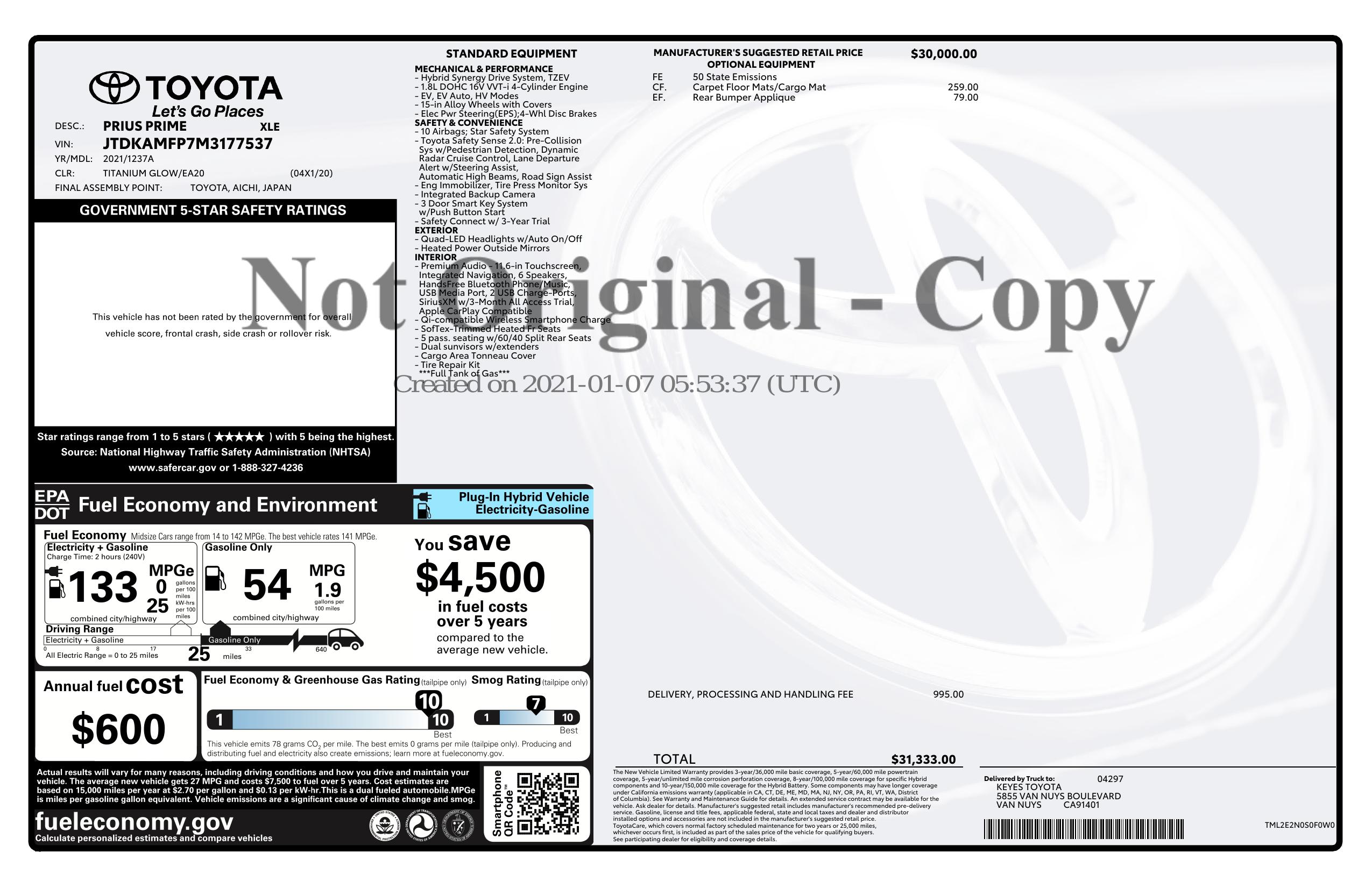 Window Sticker for 2021 Toyota Prius Prime (Natl)