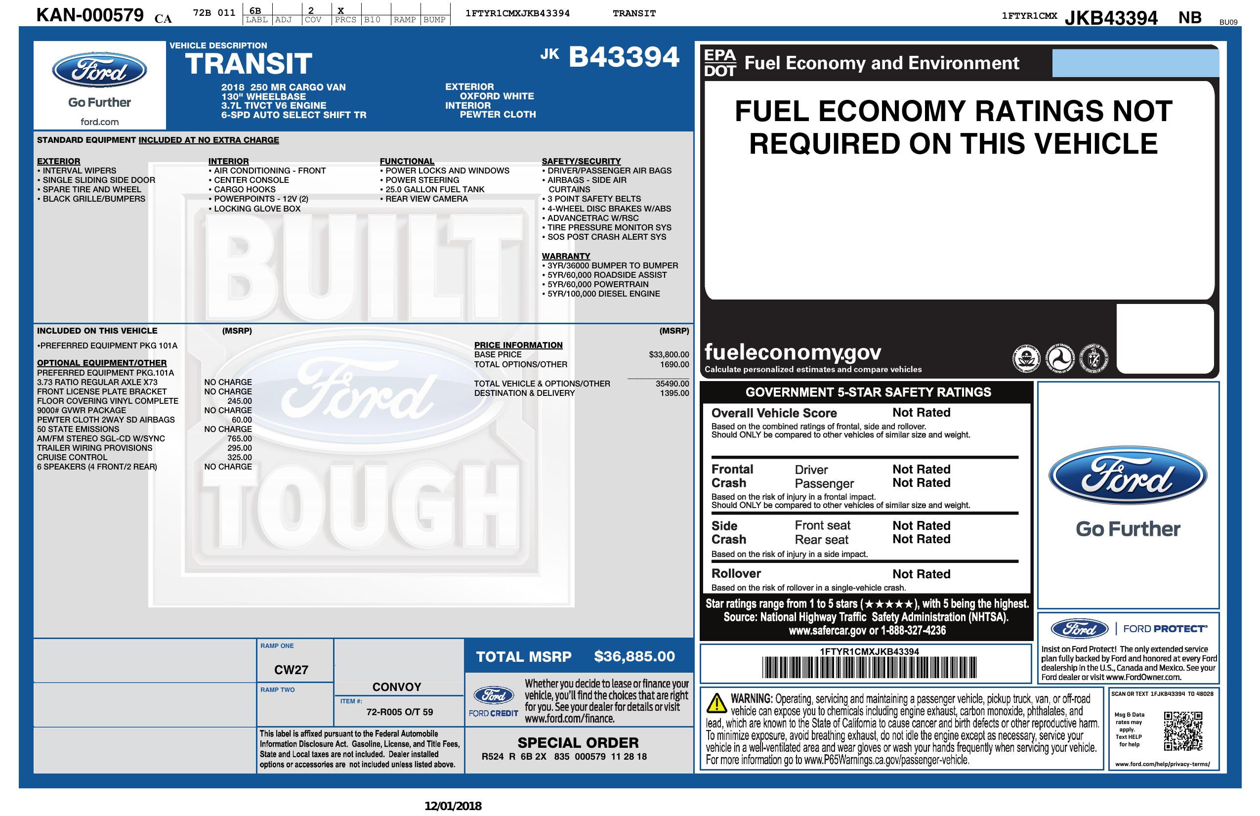 Window Sticker for 2018 Ford Transit Van T 250 130" Med Rf 9000 Gvwr ...