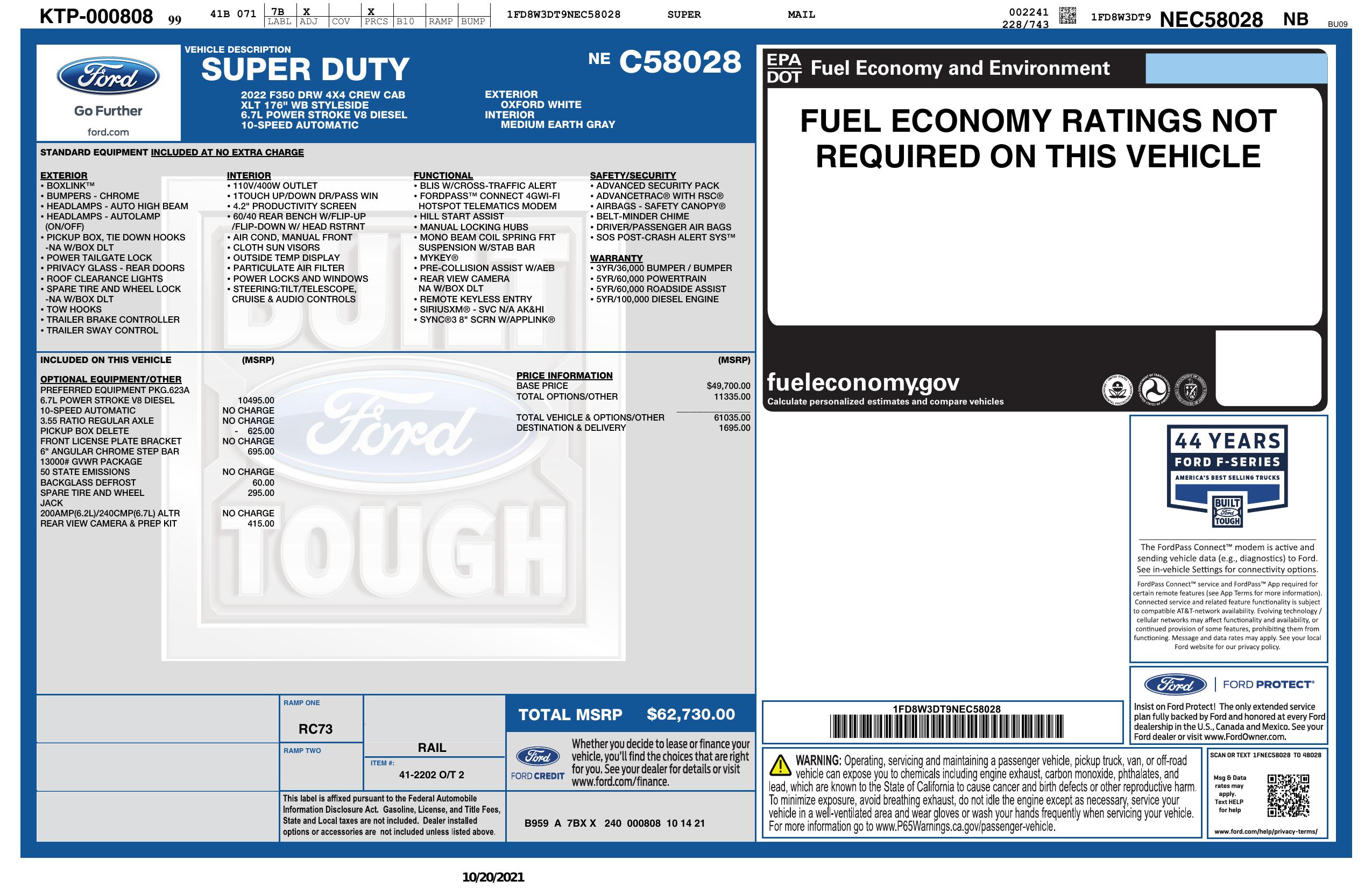 Window Sticker for 2022 Ford Super Duty F 350 Drw 4 Wd Crew Cab 8' Box