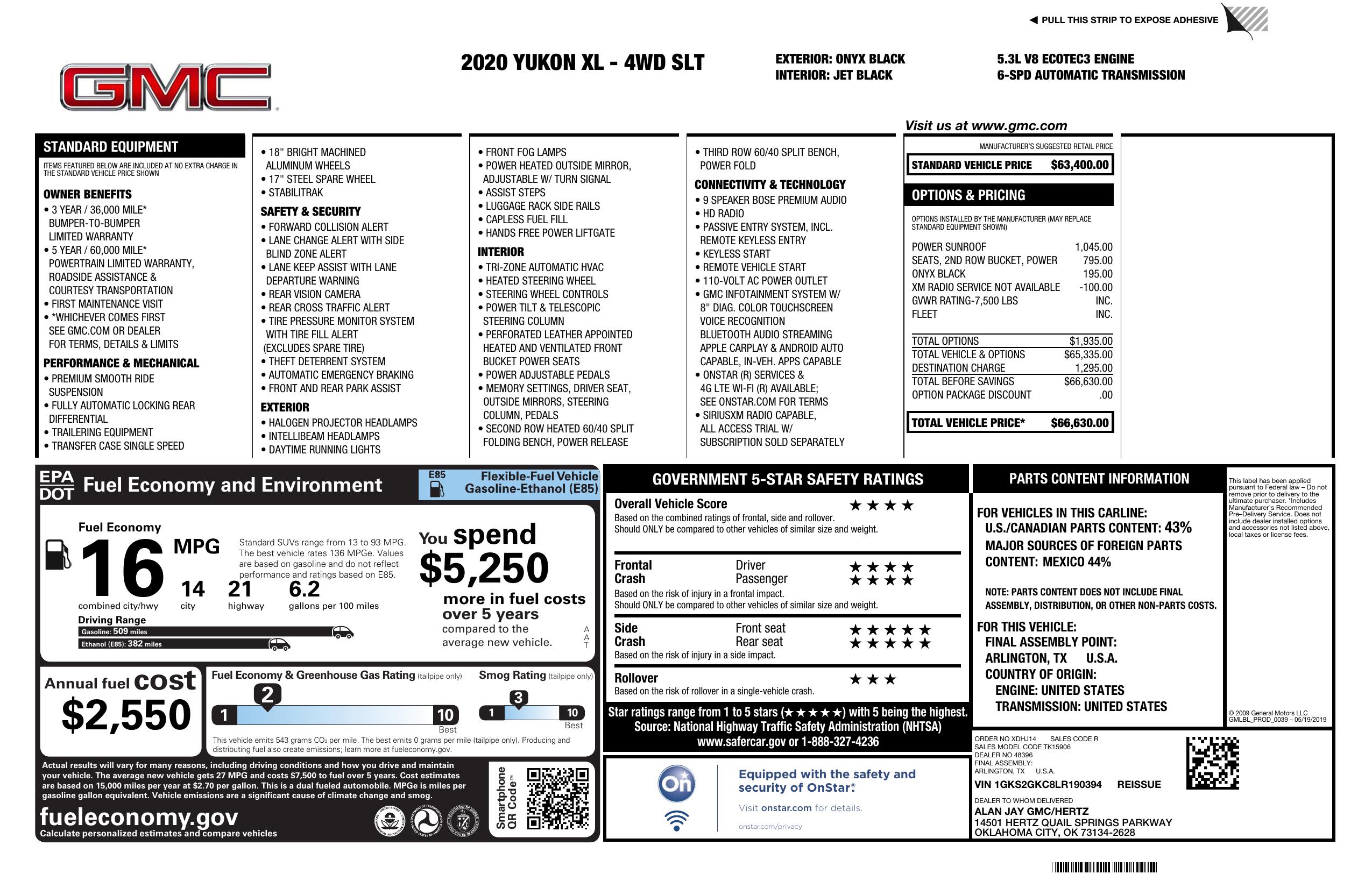 Window Sticker for 2020 GMC Yukon Xl 4 Wd 4dr Slt