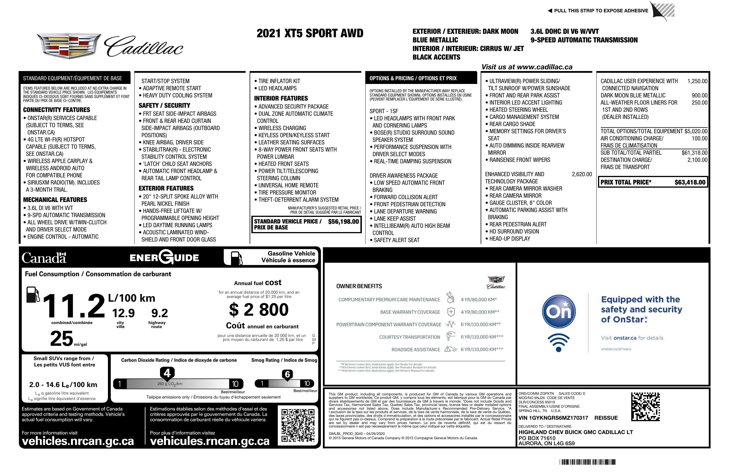 Window Sticker for 2021 Cadillac Xt5 Awd 4dr Sport