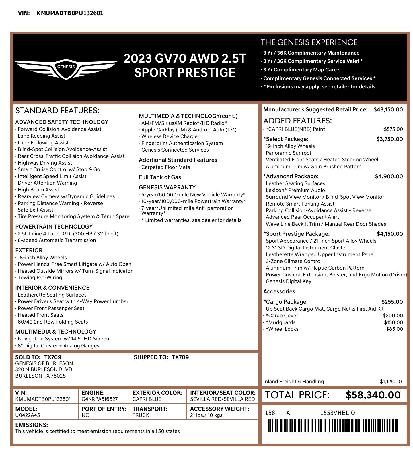 Window Sticker for 2023 Genesis Gv70 2.5 T Awd
