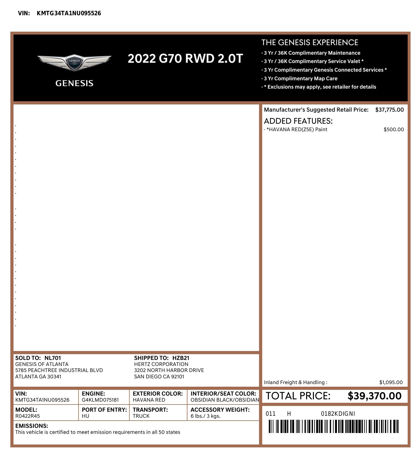 Sold 2022 Genesis G70 2.0T in Montclair