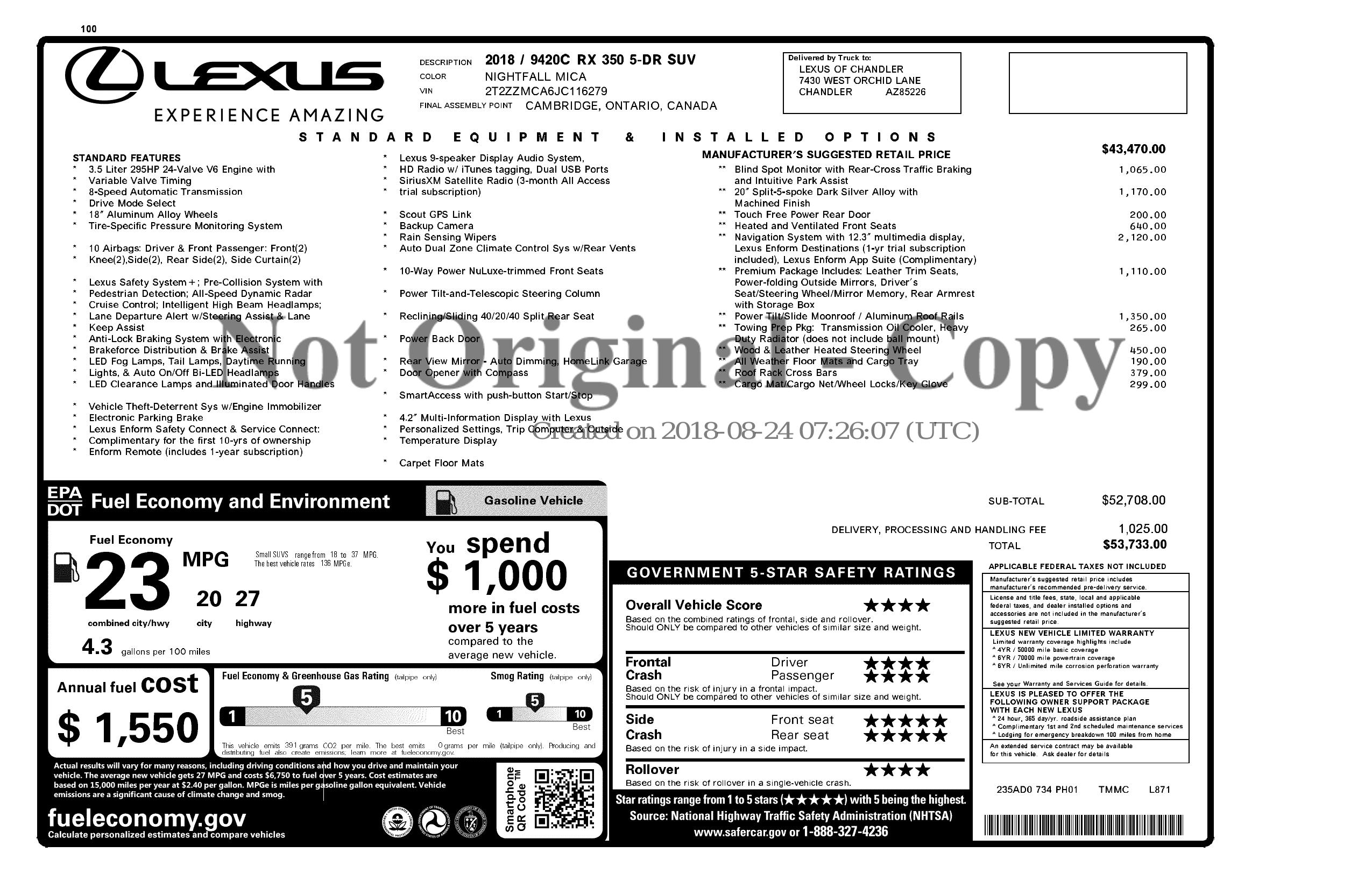Window Sticker for 2018 Lexus Rx 350 Fwd