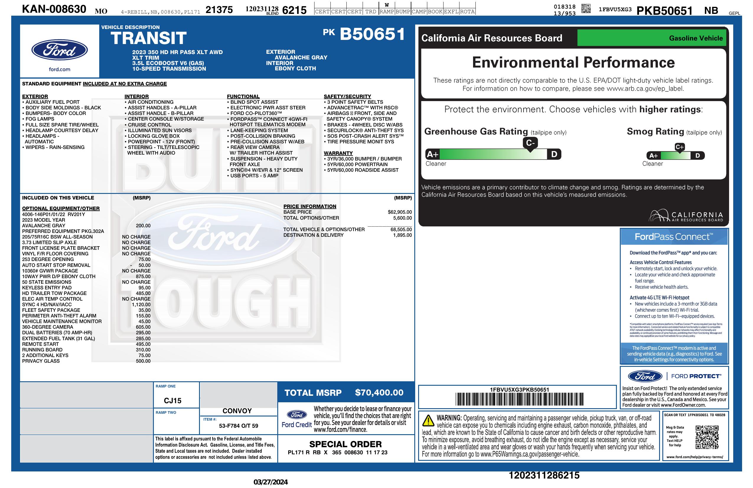 Window Sticker for 2023 Ford Transit Passenger Wagon T 350 Hd 148" El ...