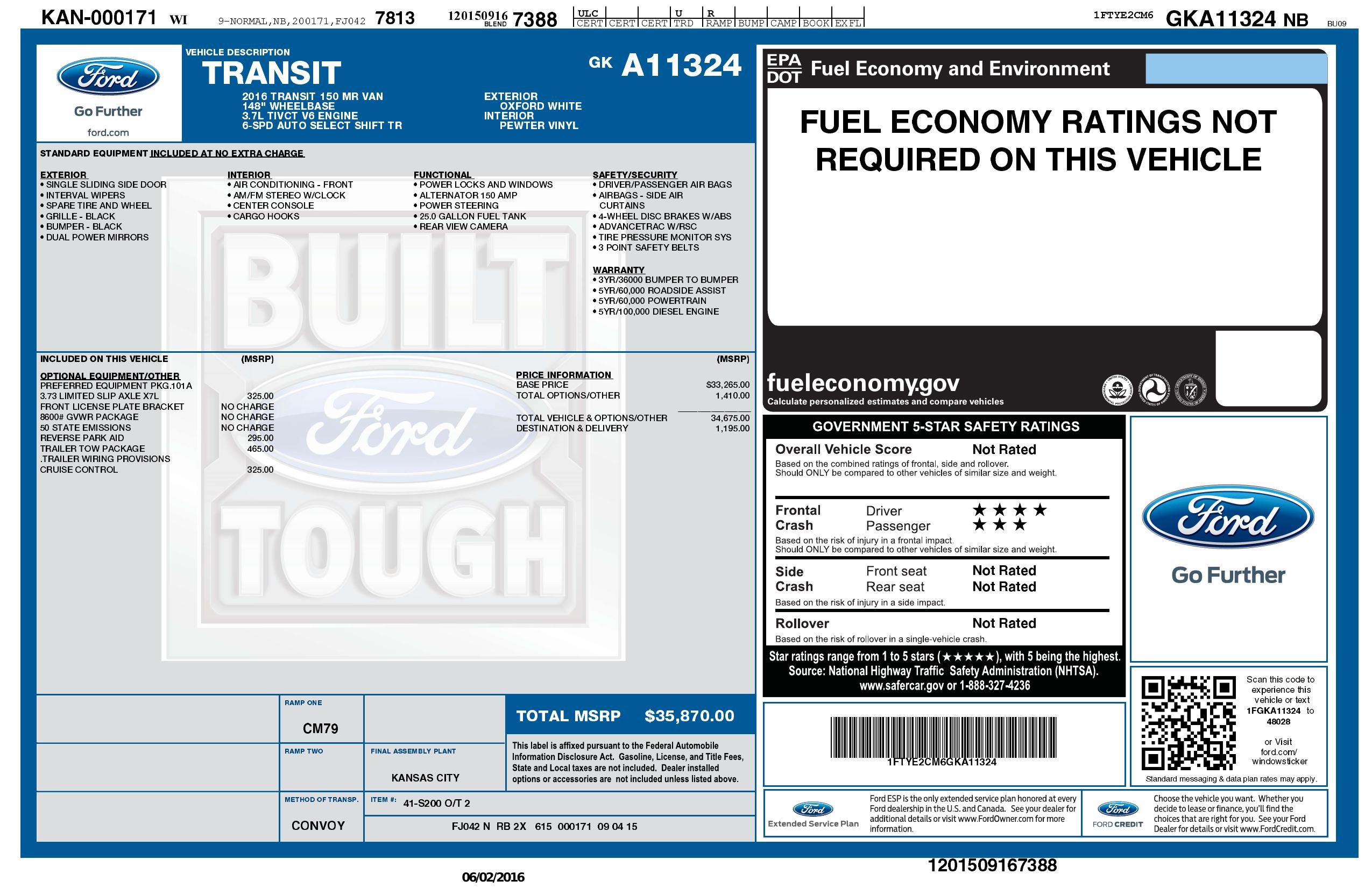 Window Sticker for 2016 Ford Transit Cargo Van T 150 148" Med Rf 8600 ...