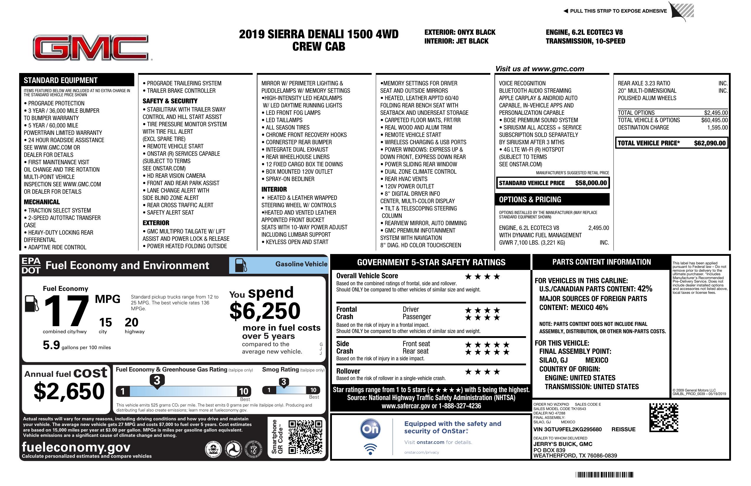 Window Sticker for 2019 GMC Sierra 1500 4 Wd Crew Cab 147" Denali