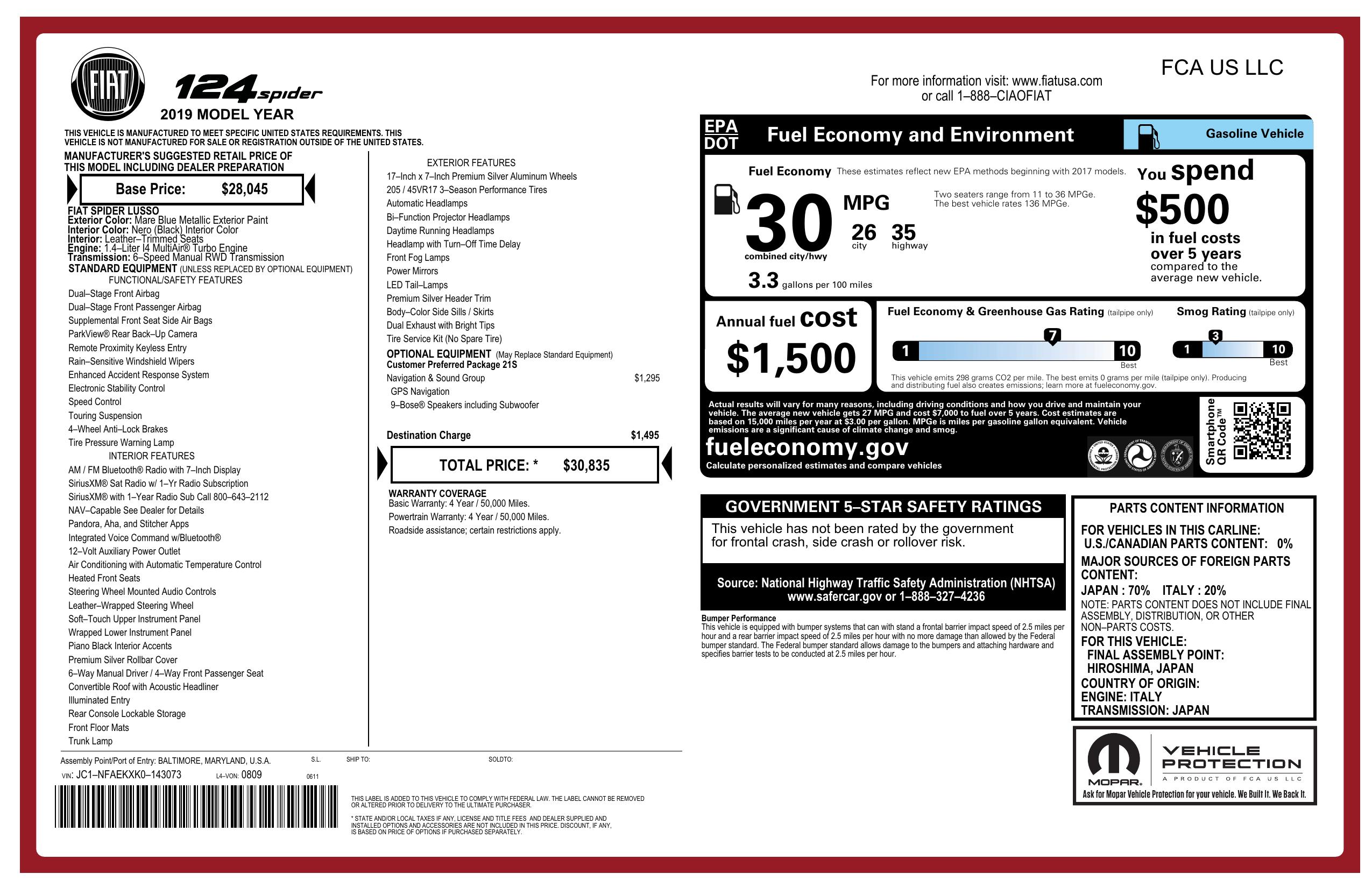 Window Sticker for 2019 Fiat 124 Spider Lusso Convertible 2 D