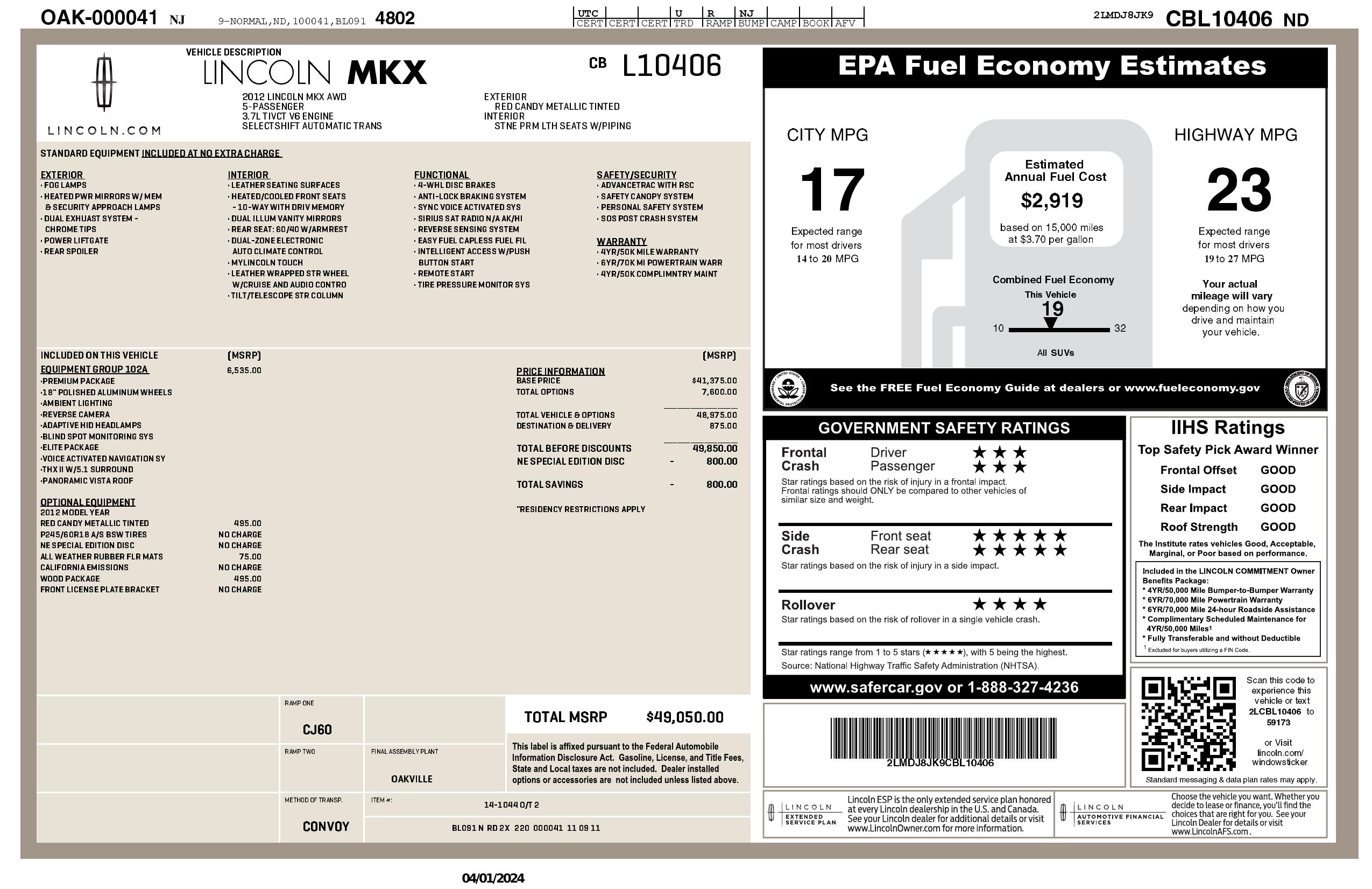 Window Sticker for 2012 Lincoln Mkx Awd 4dr
