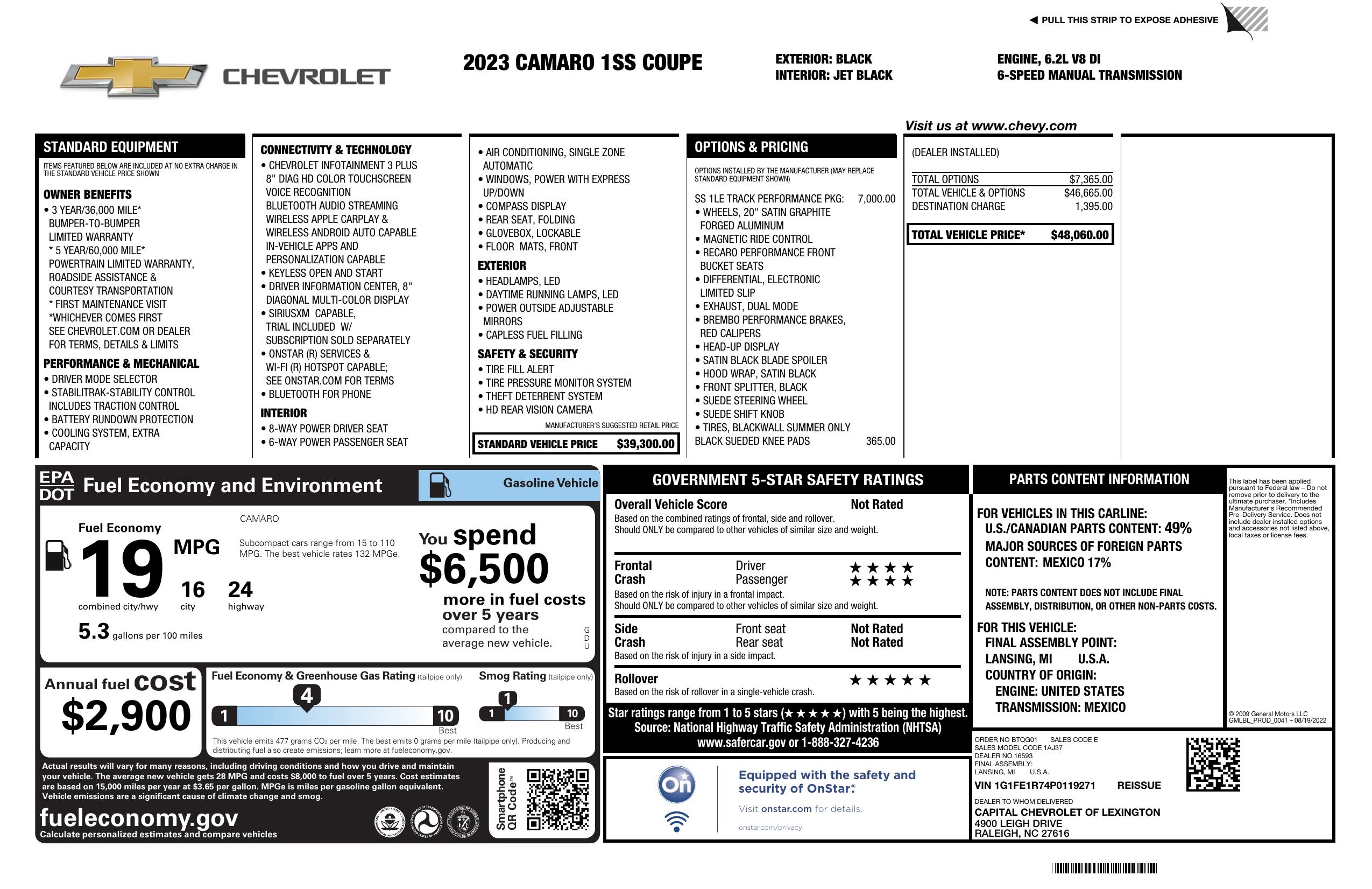 Window Sticker for 2023 Chevrolet Camaro 2dr Cpe 1 Ss
