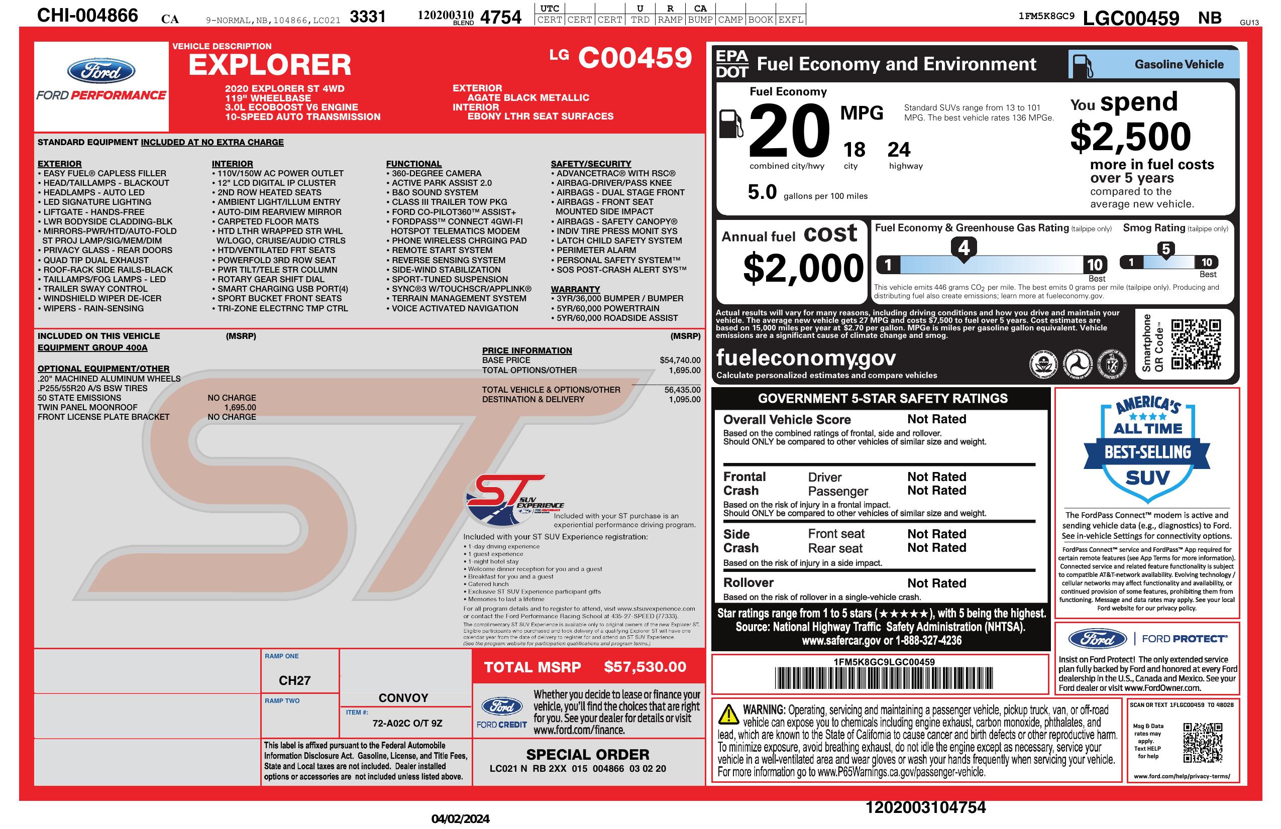 Window Sticker for 2020 Ford Explorer St 4 Wd