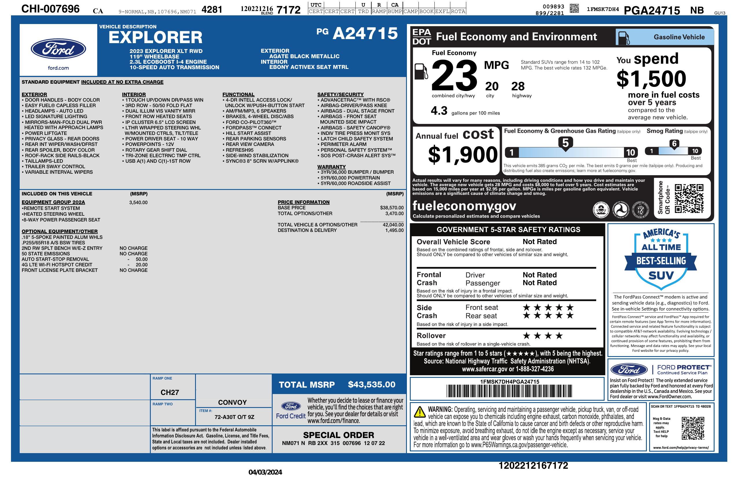 Window Sticker for 2023 Ford Explorer Xlt Rwd