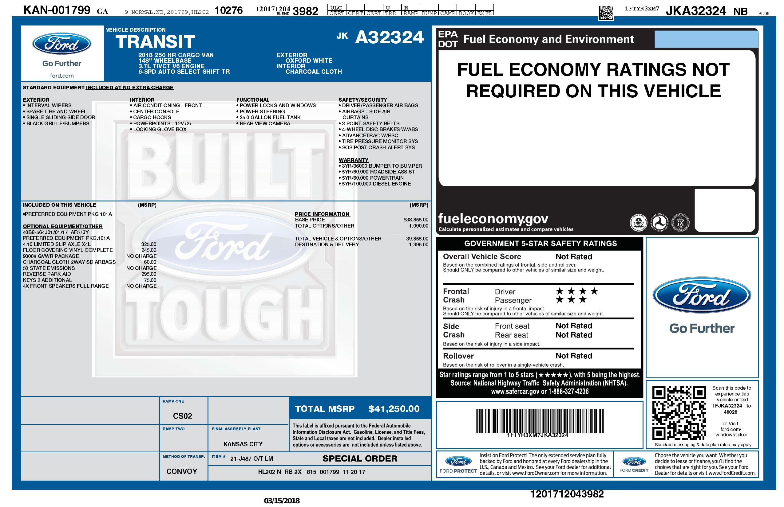 Window Sticker for 2018 Ford Transit Van T 250 148" El Hi Rf 9000 Gvwr ...