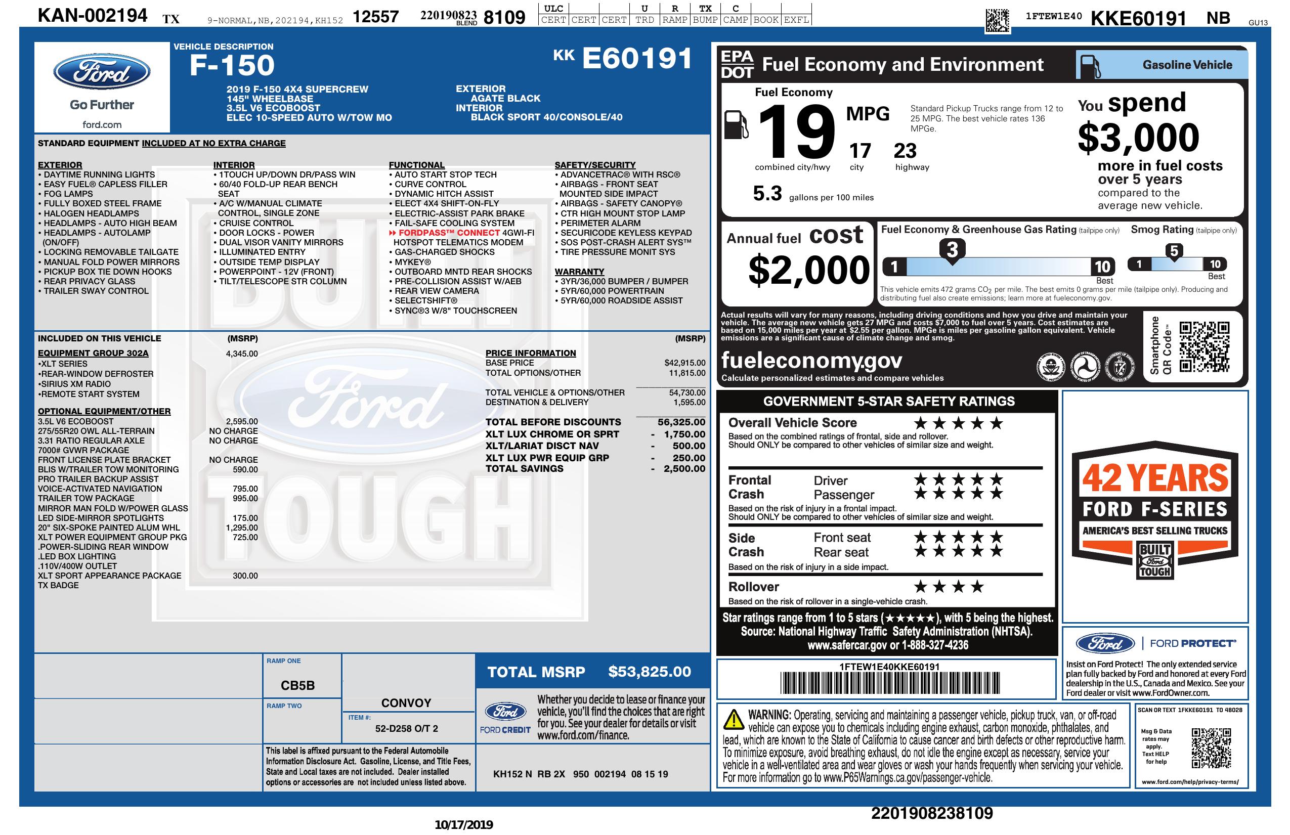 Window Sticker for 2019 Ford F 150 4 Wd Super Crew Box