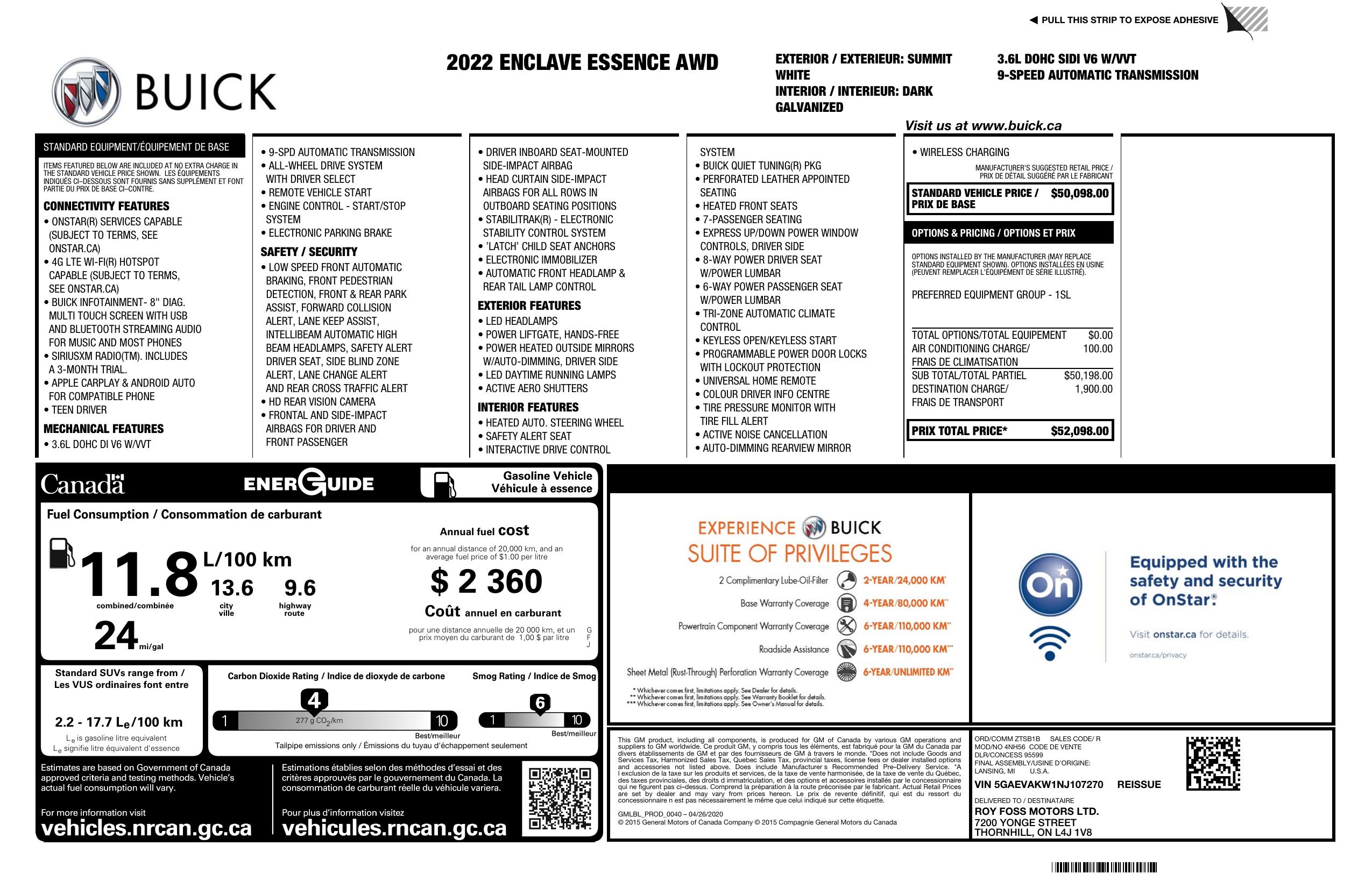 Window Sticker for 2022 Buick Enclave Awd 4dr Essence