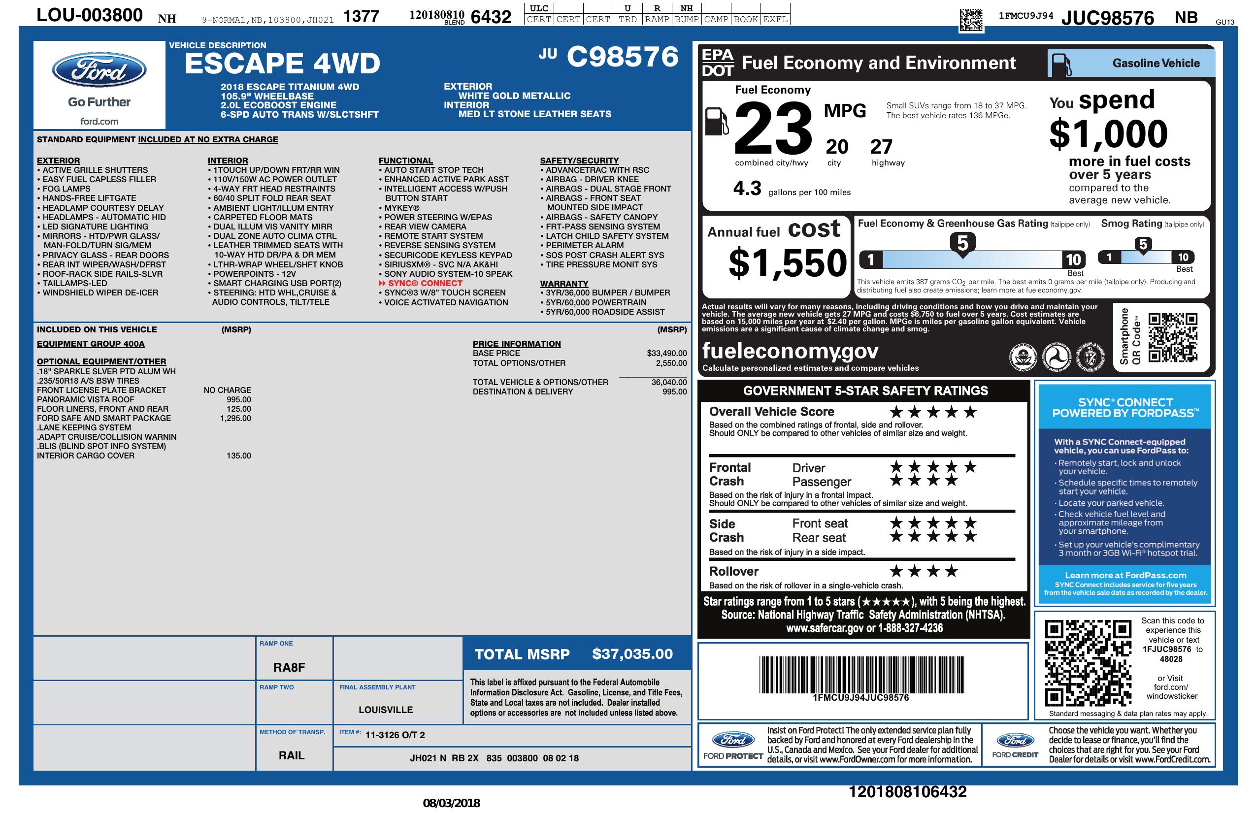 Window Sticker for 2018 Ford Escape Titanium 4 Wd