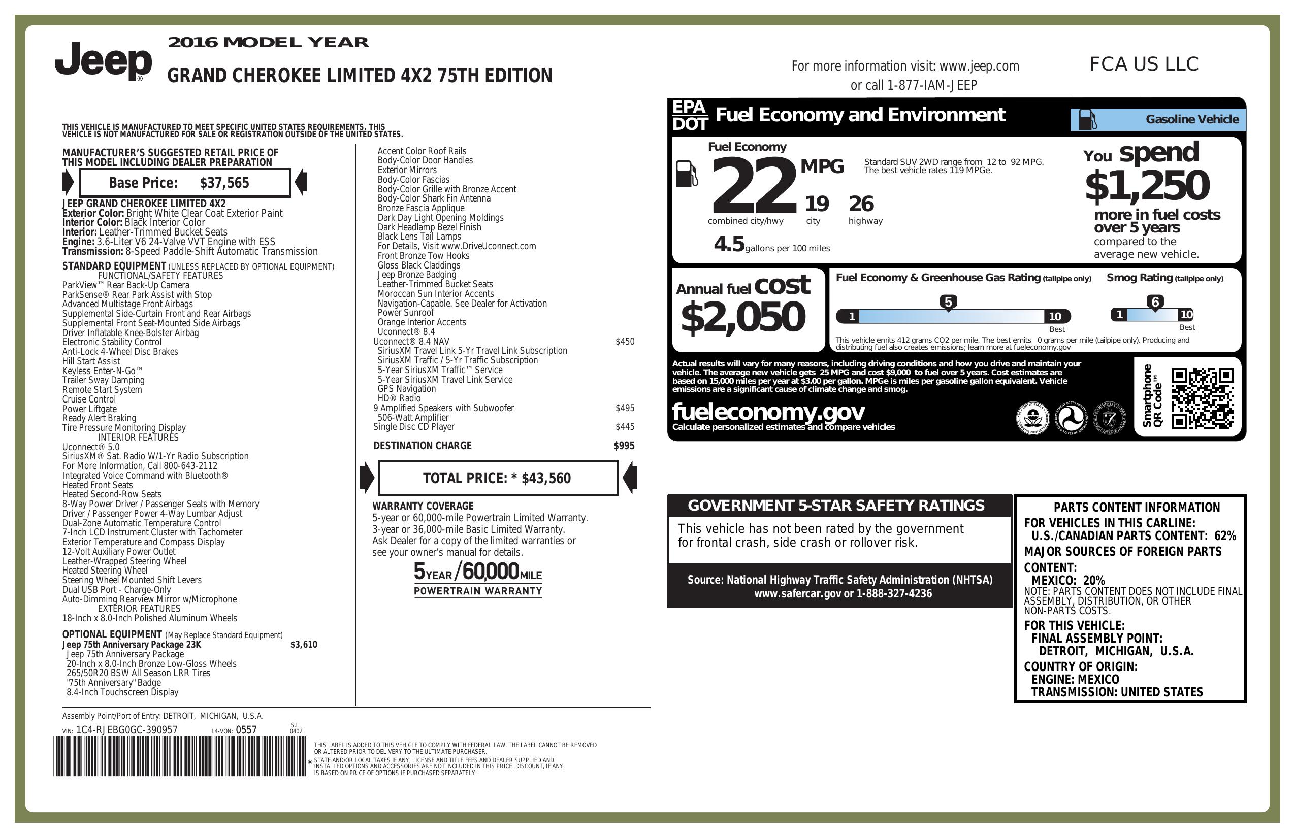 Window Sticker for 2016 Jeep Grand Cherokee Rwd 4dr Limited 75th ...