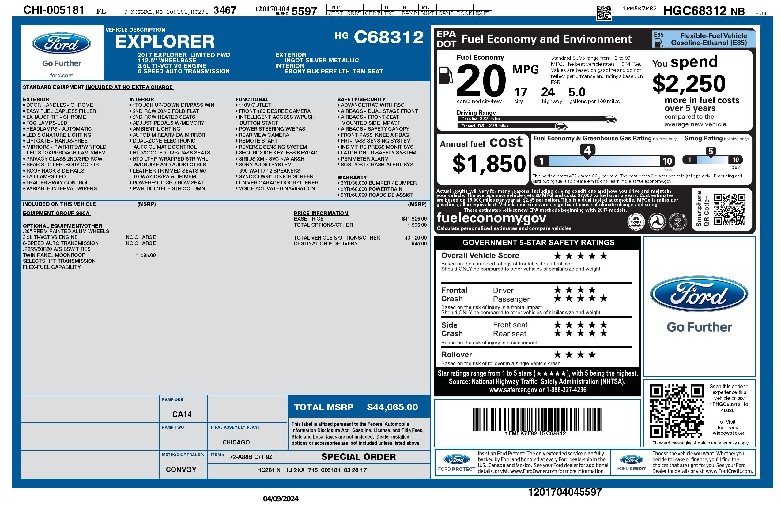 Window Sticker for 2017 Ford Explorer Limited Fwd